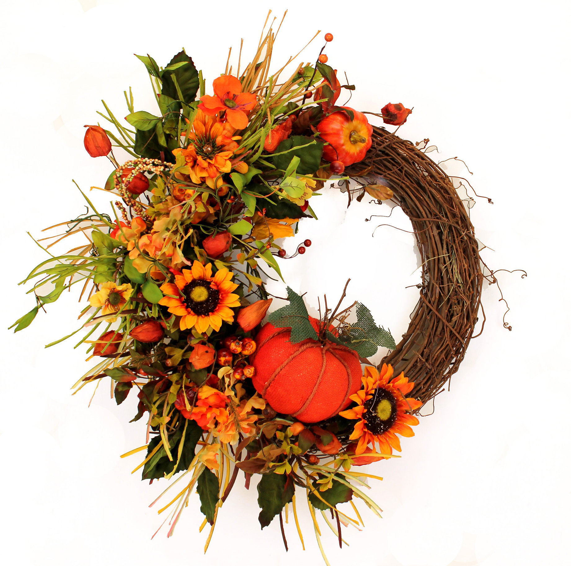 The Holiday Aisle® Fall Pumpking Sunflower Half 22" Silk Wreath ...