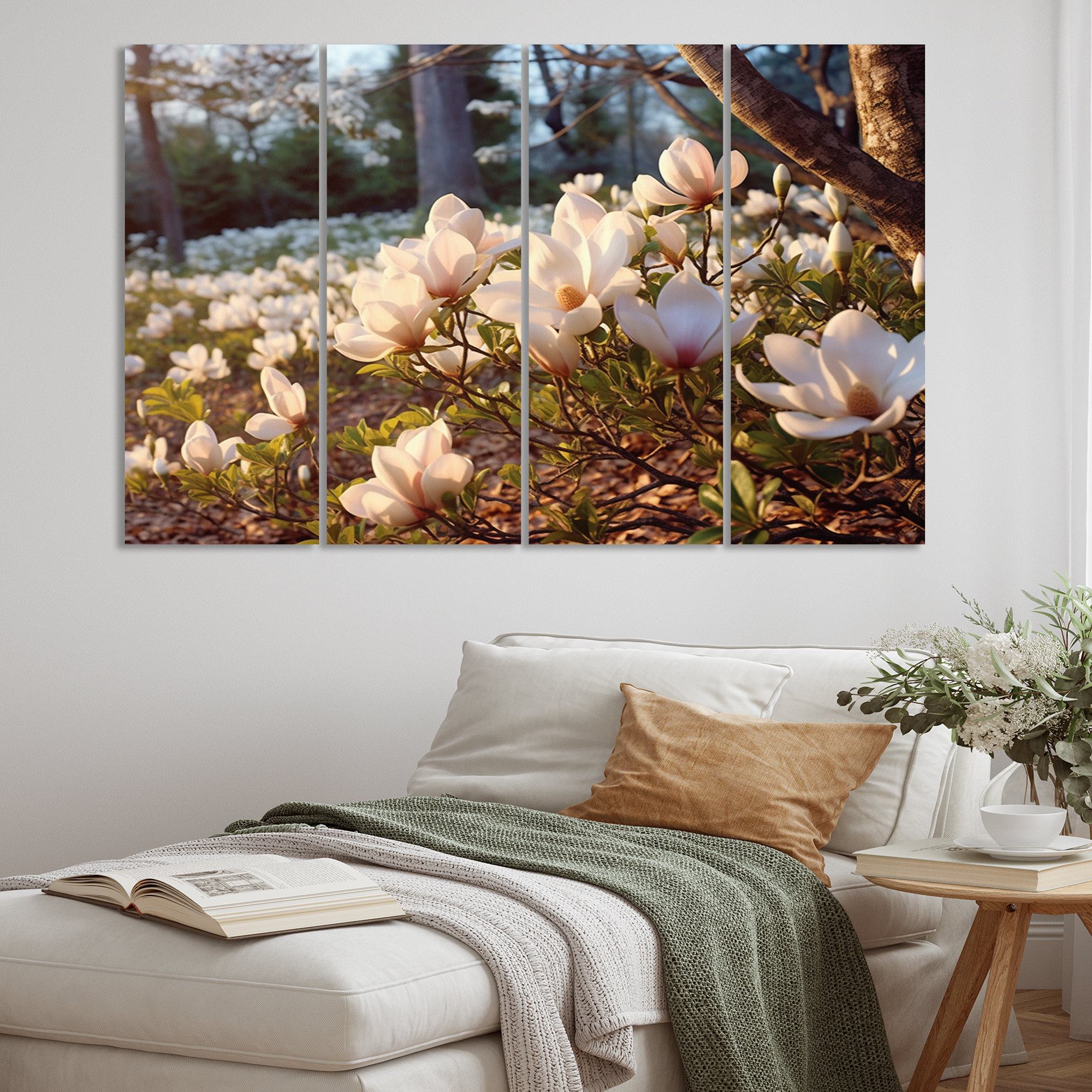 Design Art White Pink Magnolias Landscape I - Magnolias Metal Wall ...