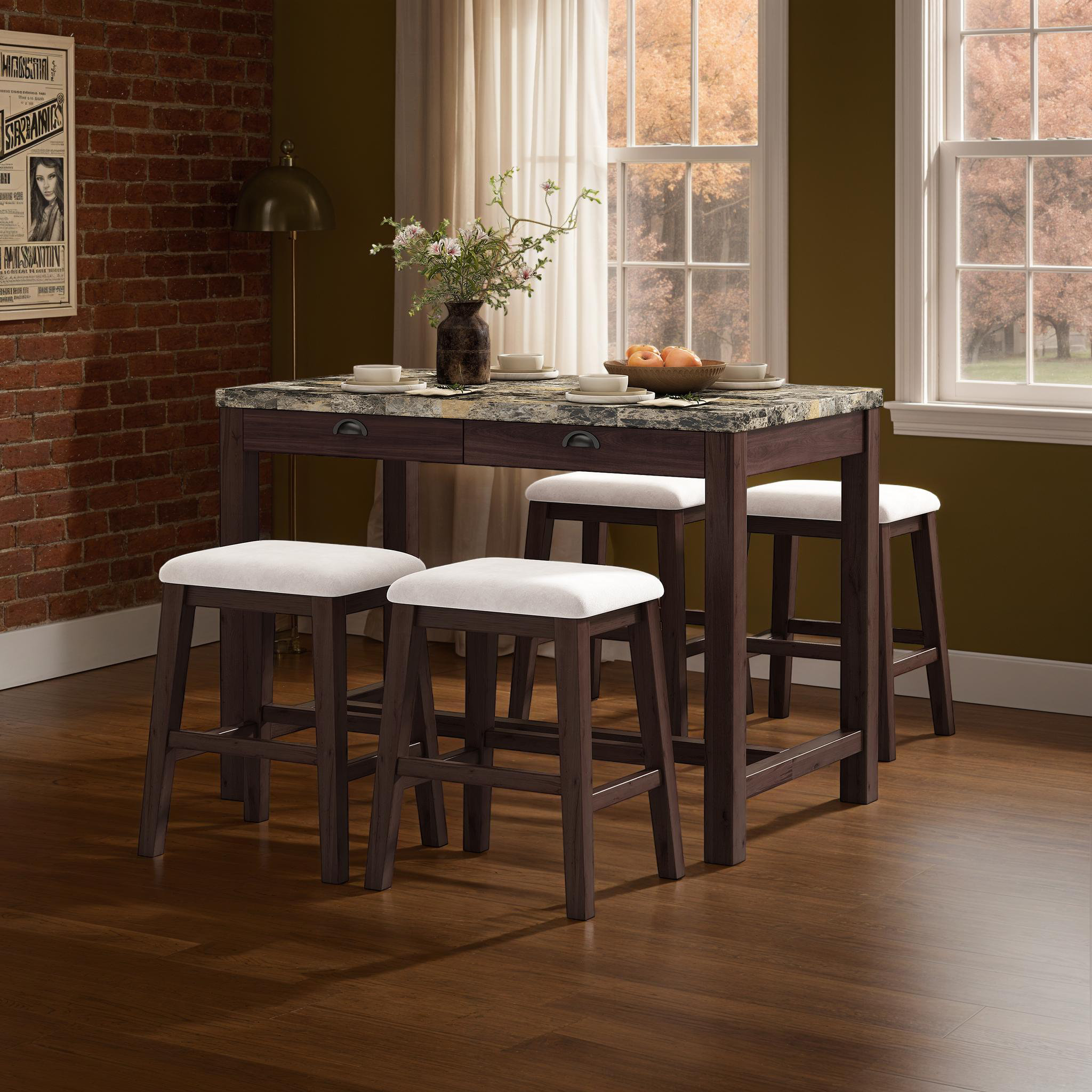 Ivy Bronx Solid Wood & MDF Bar Table Set with 4 Upholstered Stools ...