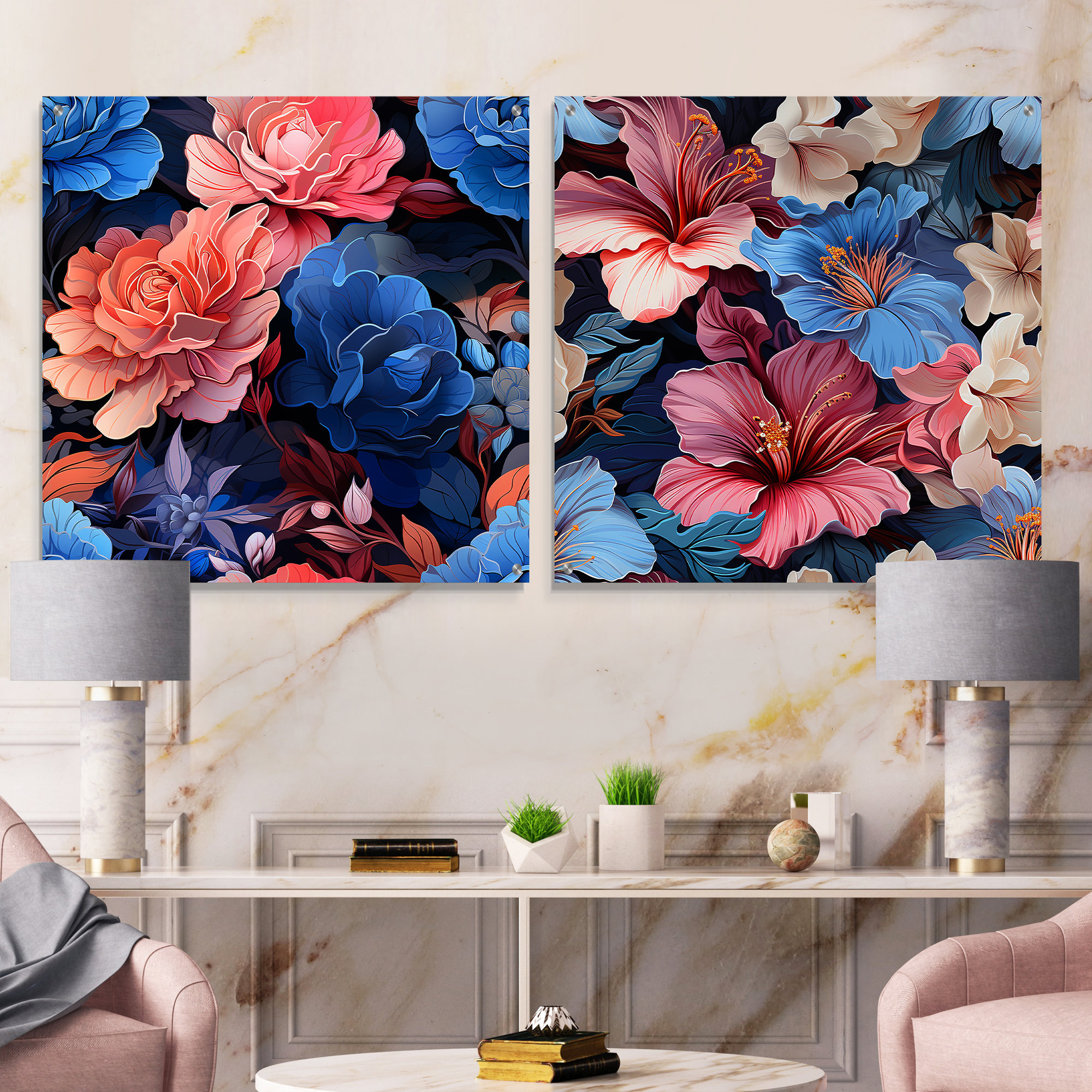 Design Art Azure Blue And Pink Twilight Tropical Pattern - Coastal ...