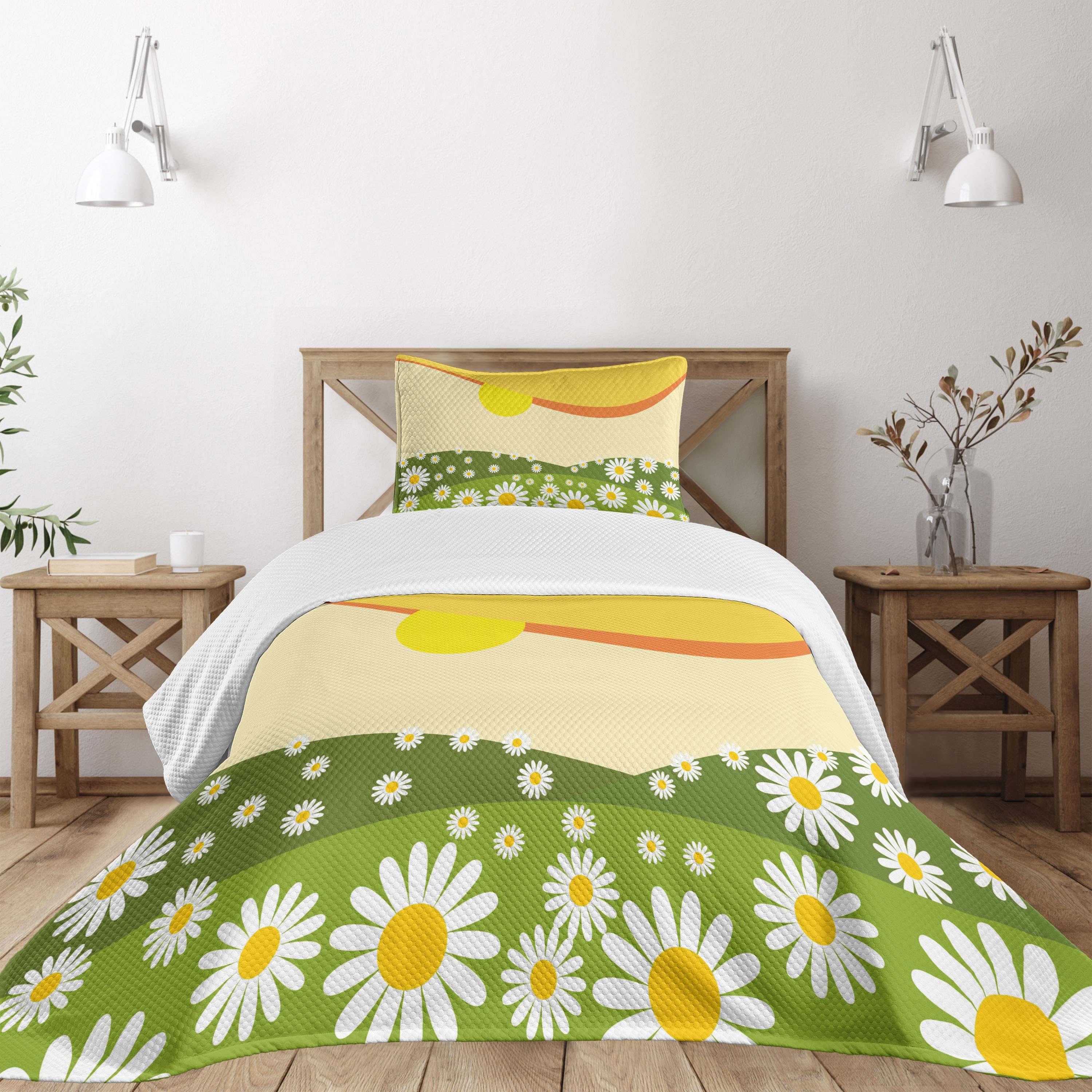 Ambesonne Nature Bedspread Daisy Flower Field Sun Earth Yellow Lime ...