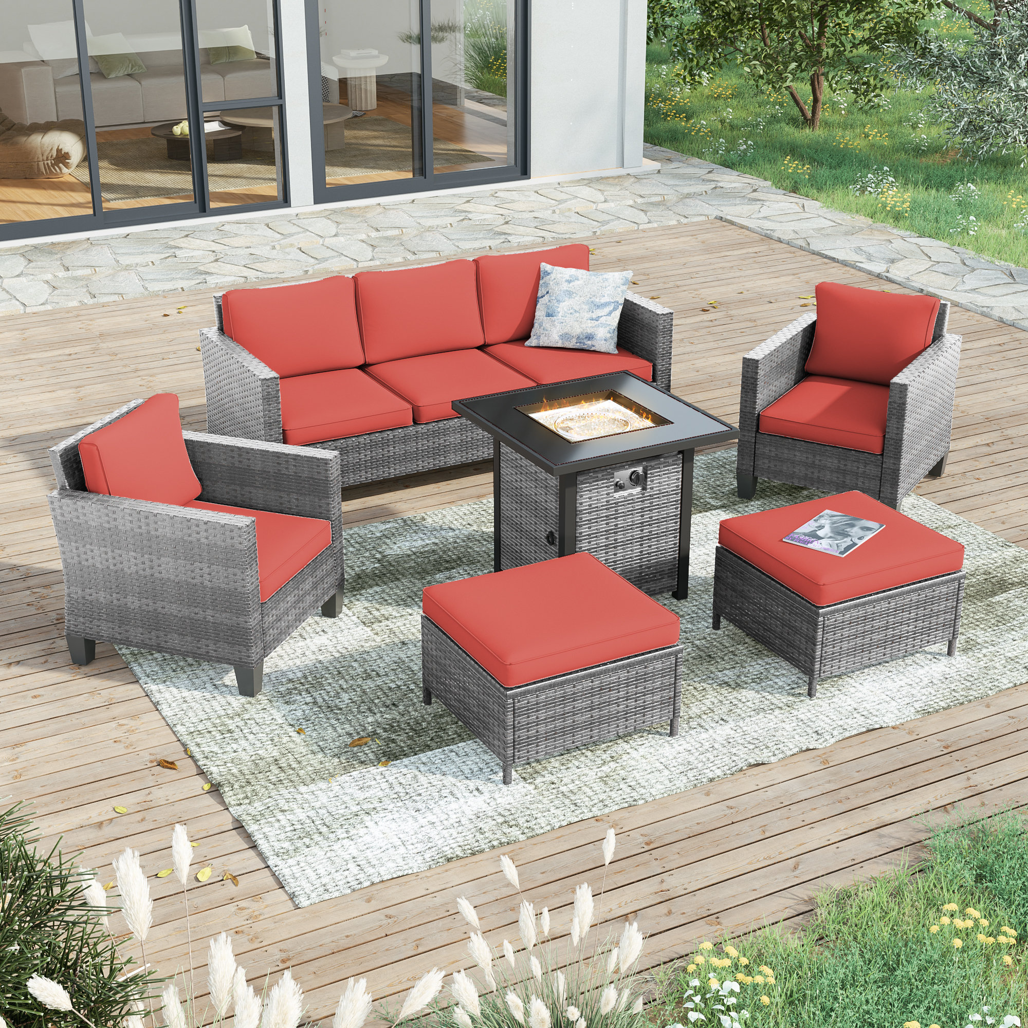 Ebern Designs Seppich 6 Piece Patio Sofa Set with 28'' Fire Table | Wayfair