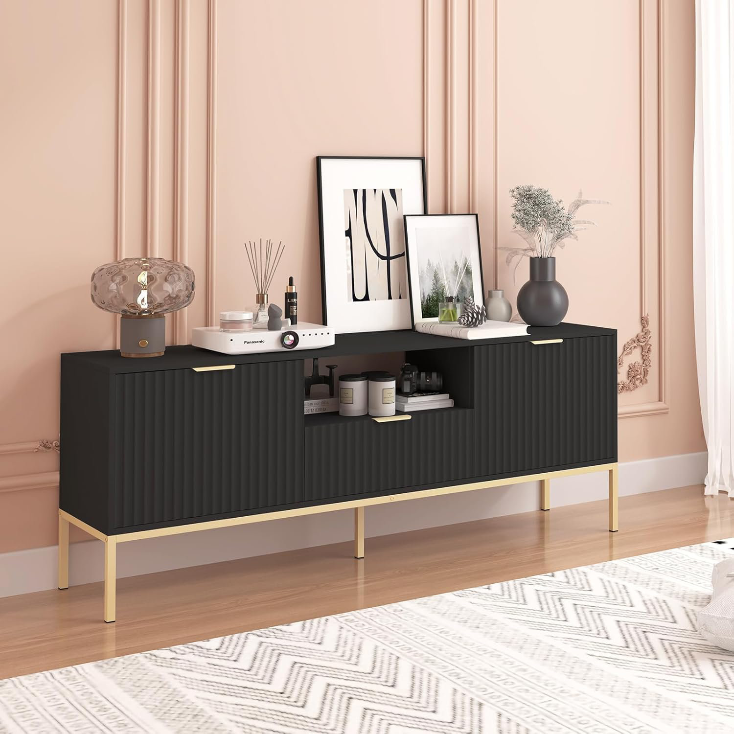 Mercer41 Modern Fluted TV Stand With PIR Sensor Light 65“ Entertainment ...