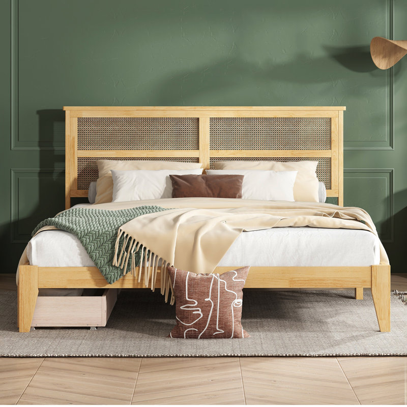 Bay Isle Home™ Solid Wood Platform Bed With Rattan Inset Headboard, 2 ...