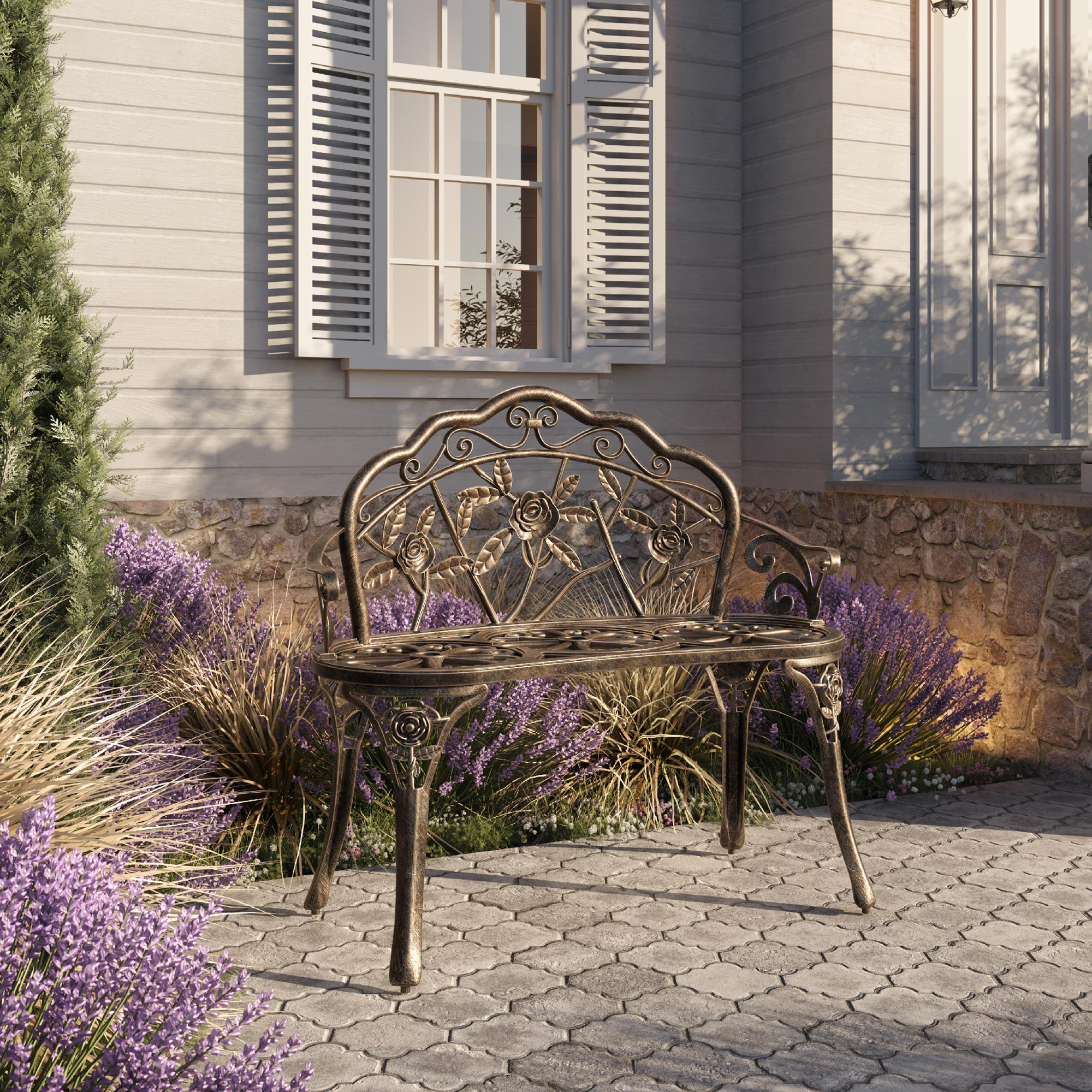 Fleur De Lis Living Prevatte Rose 39.5'' W Outdoor Iron Garden Bench ...