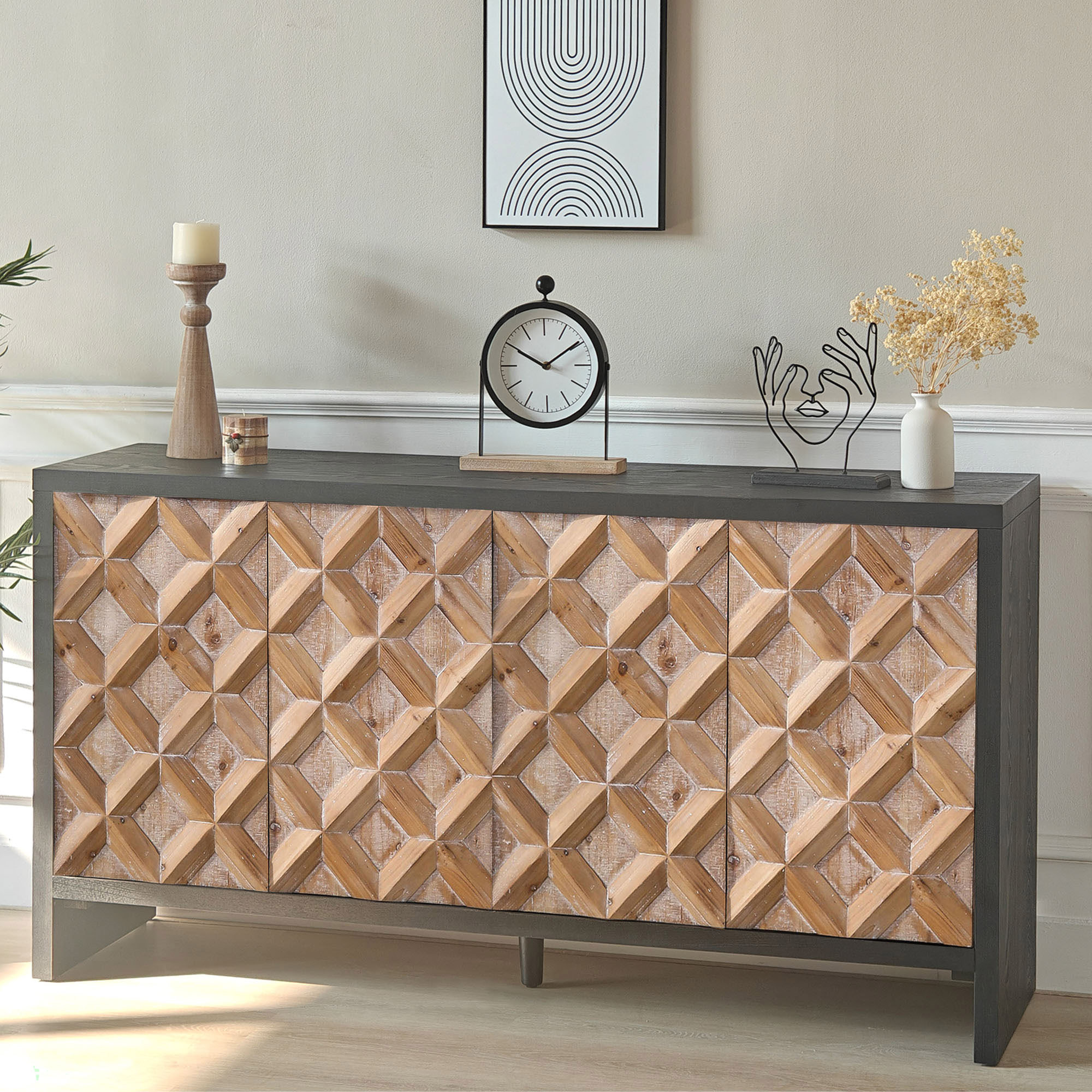 Latitude Run® Rustic 4-Door Wood Cabinet With Geometric Pattern ...