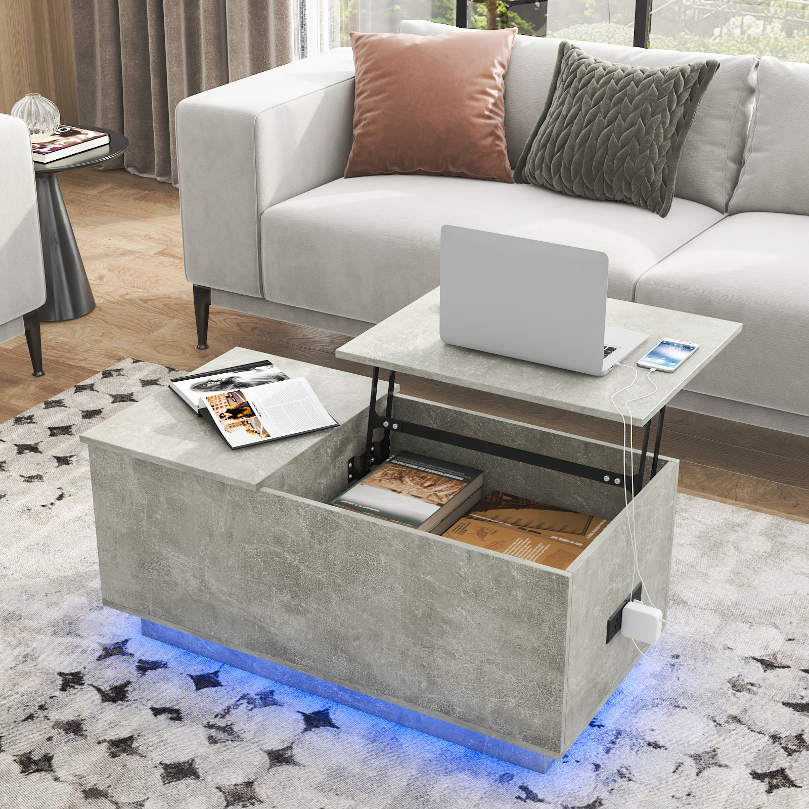 Wrought Studio™ Lift Top Coffee Table with Charging Station and RGB LED ...