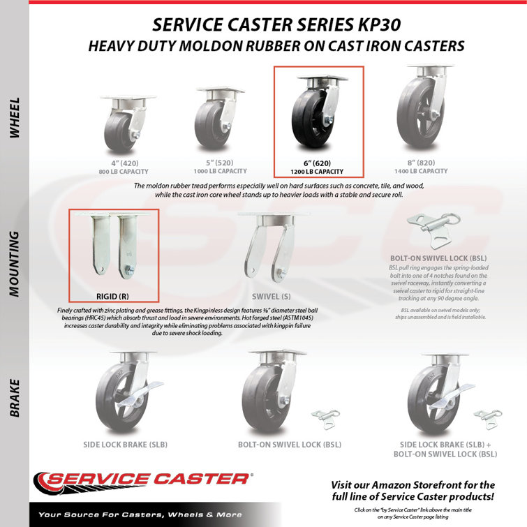 Service Caster 6 Inch Kingpinless Rubber on Steel Caster Set 2 Brake ...