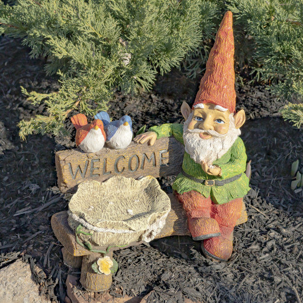 Trinx 15.35" Tall Spring Gnome Garden Statue with Welcome Sign, Birds ...