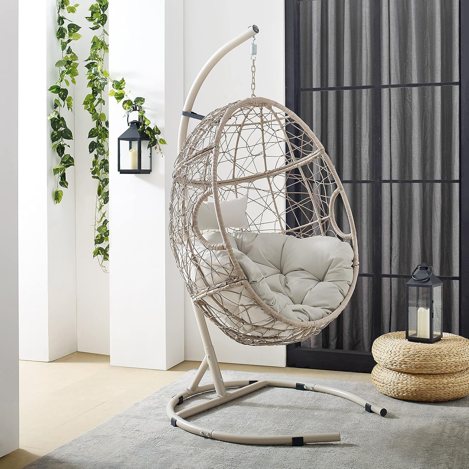 Dakota Fields Cleo Wicker Hanging Egg Chair With Stand For Indoor And Outdoor Use, All-Weather ...