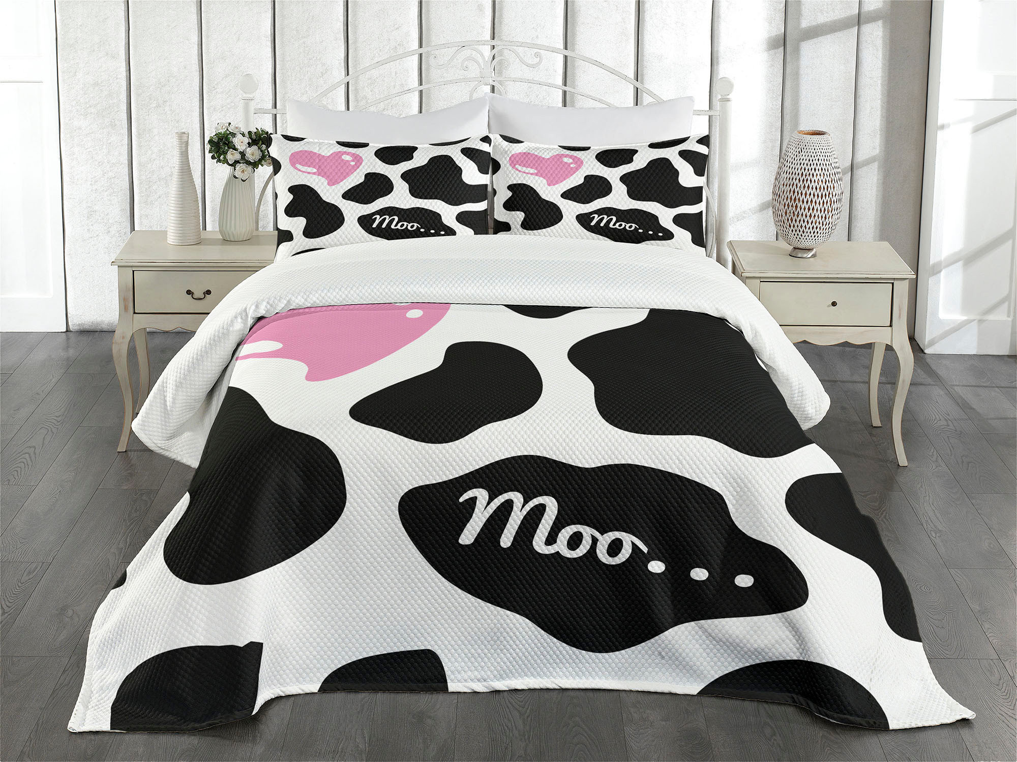 Ambesonne Cow Print Bedspread Set Camouflage Pattern Pink Black White ...