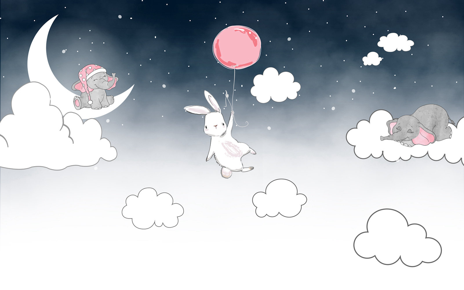 GK Wall Design Cartoon Nightscape Rabbit and Elephant Nursery Paintable ...