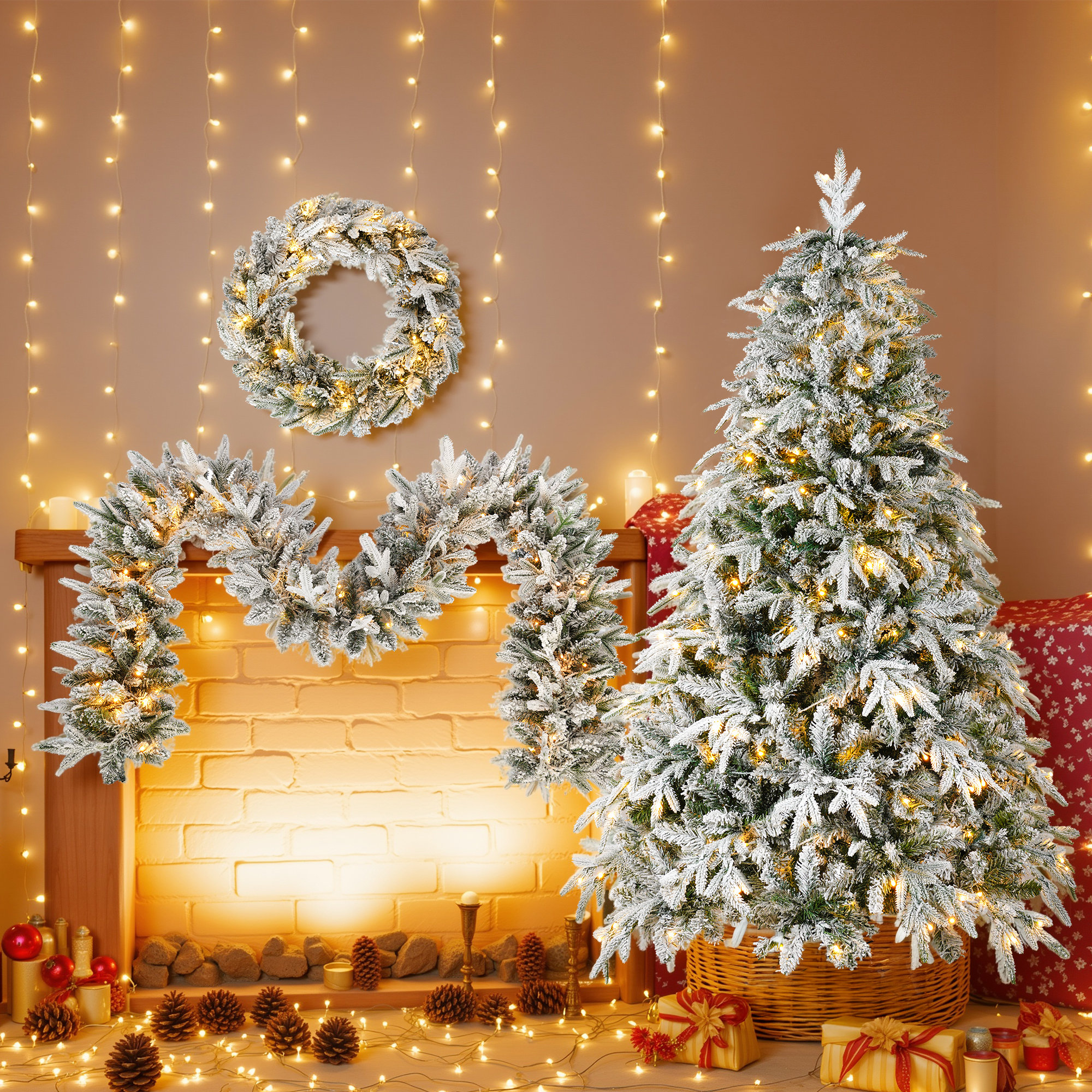 The Holiday Aisle® 6Ft Flocked Christmas Tree With Wreath Xmas Snow ...
