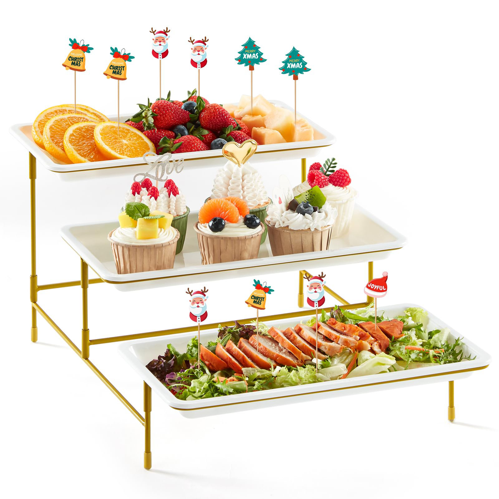 Everly Quinn 3-Tier Reusable Plastic Tray With Gold Metal Display Stand ...
