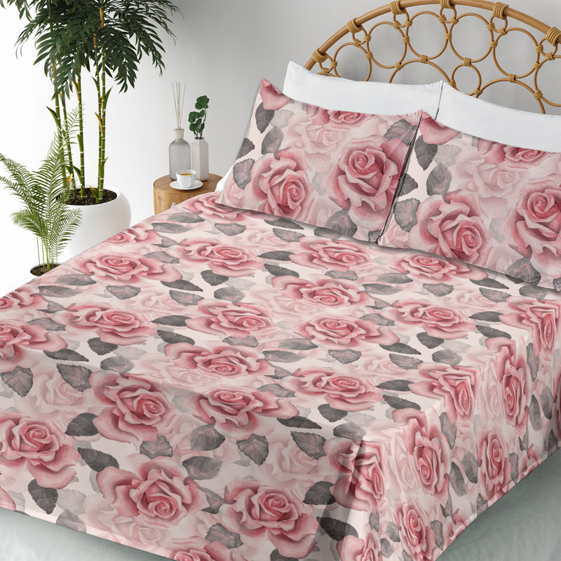 Ambesonne Roses Sheet Set English Garden Floral Artwork Grey and Pastel ...