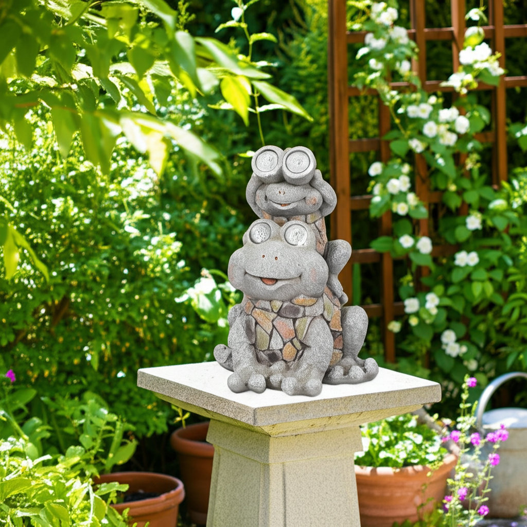 Trinx Katonya Solar-Powered Resin Frog Garden Statue with Stone Accents ...