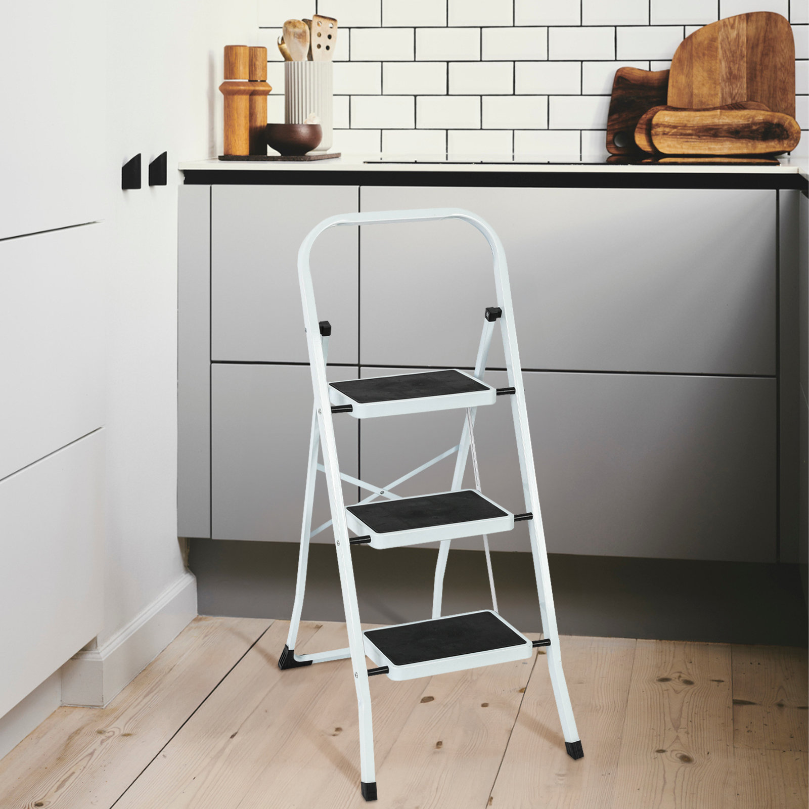 Ebern Designs 3-Step White Iron Ladder Foldable Non-Slip Outdoor Ladder ...