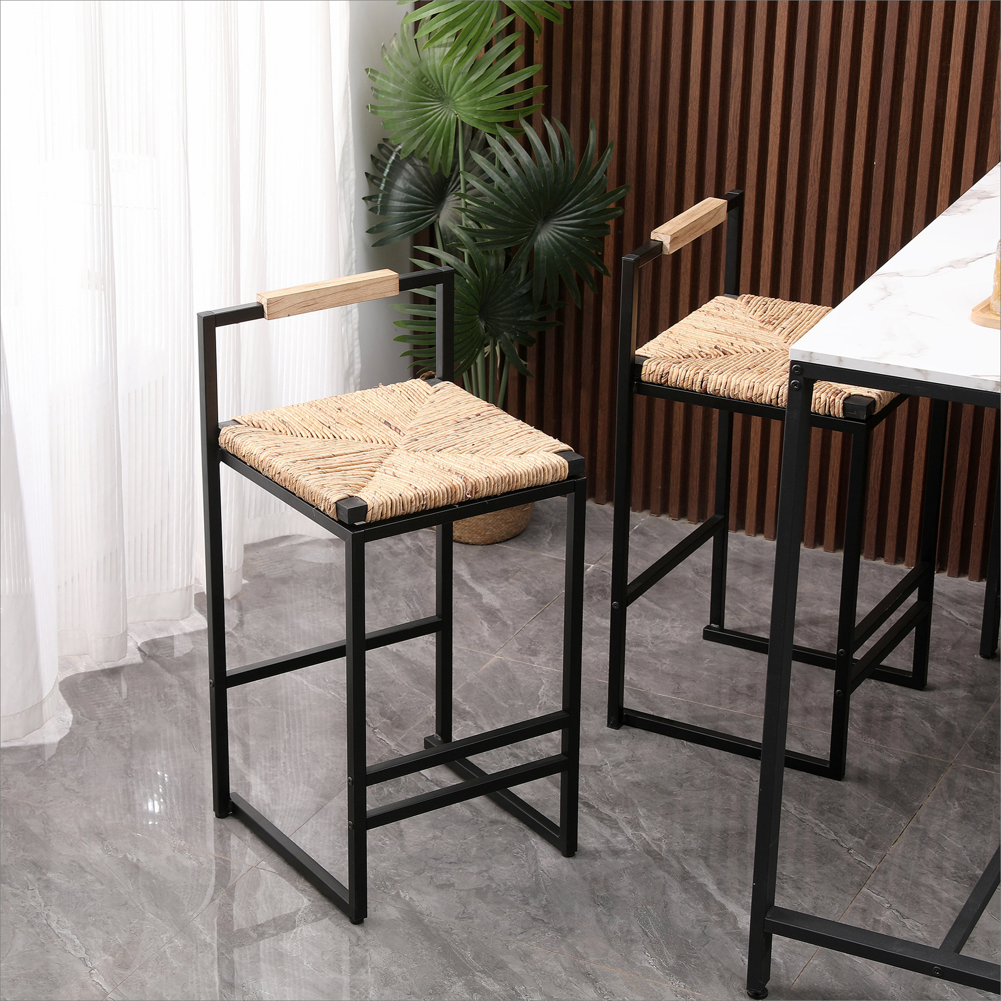 Bay Isle Home™ Set of 2 Water Hyacinth Woven Bar Stools with Back ...