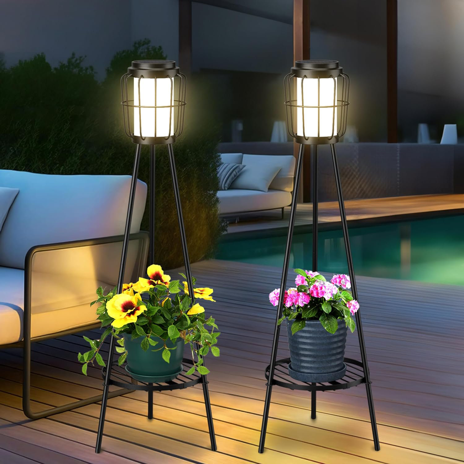 Basowin Solar Lights With Plant Stand, Solar Floor Lamps, Waterproof ...