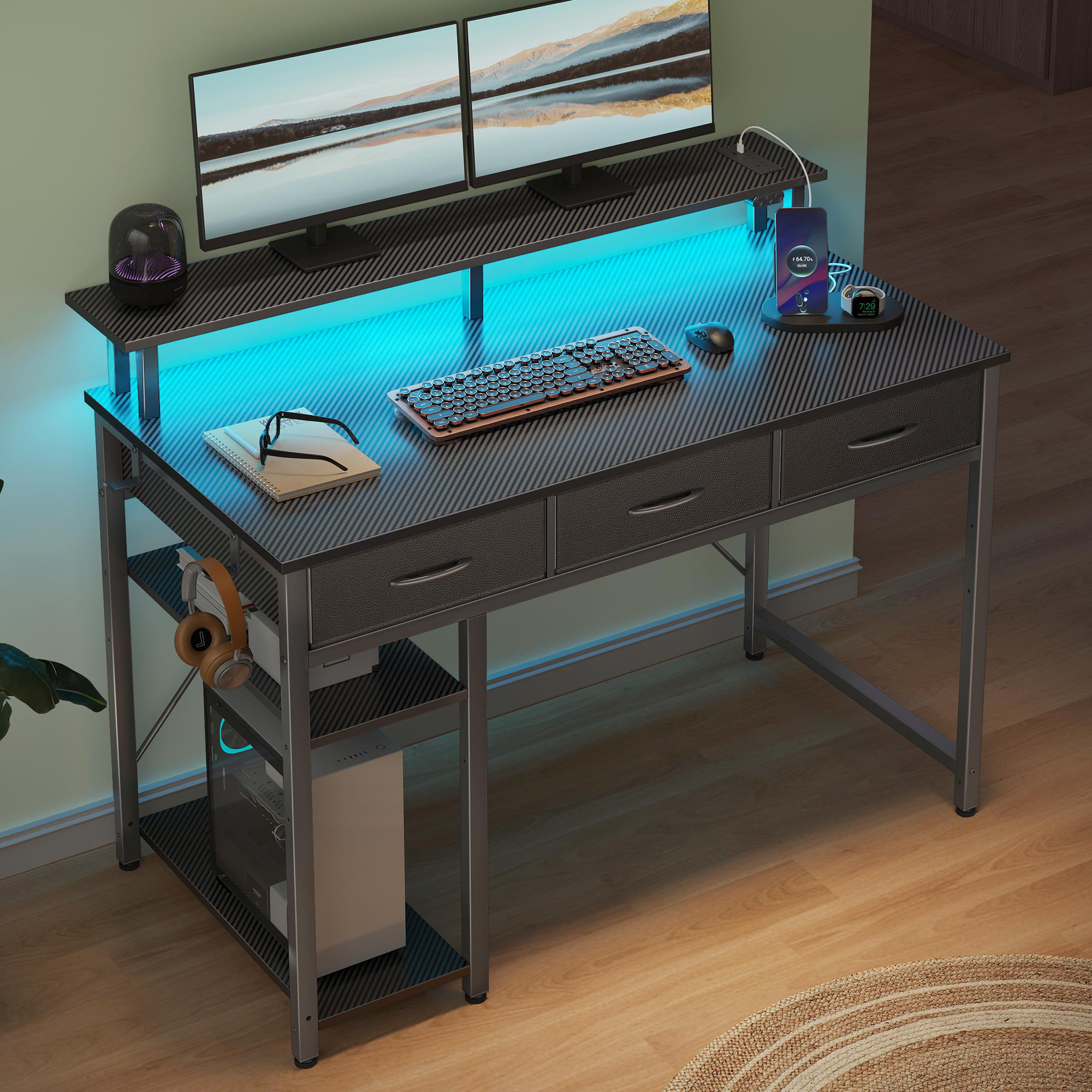 Wrought Studio Gaming Desk with LED Lights & Power Outlets, Computer ...