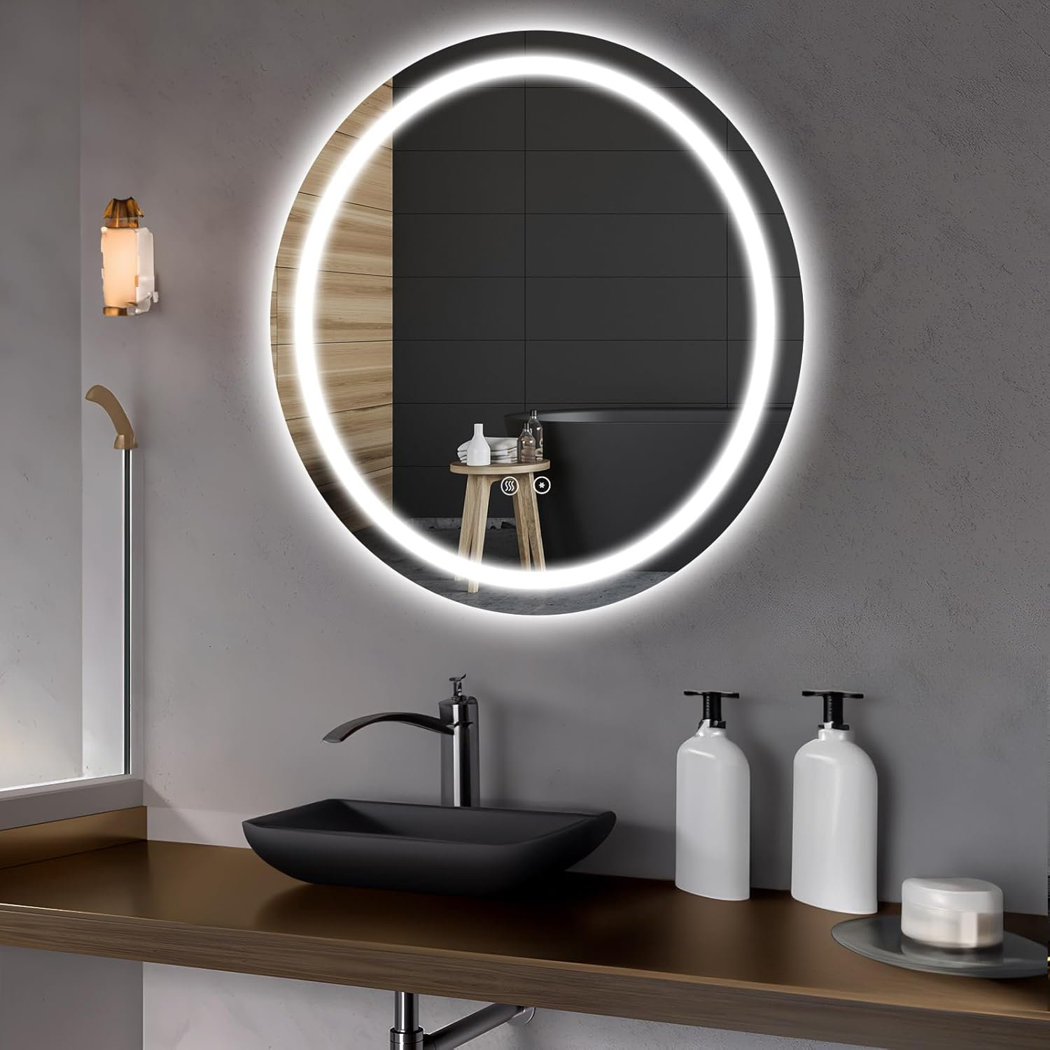 Wrought Studio™ Round Led Bathroom Mirror, 24 Inch Wall Mounted ...