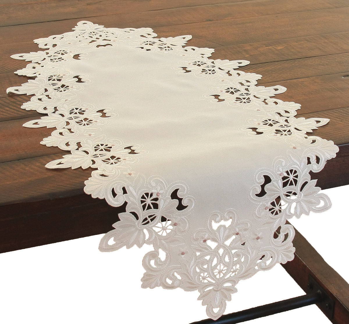 The Holiday Aisle® Victorian Lace Embroidered Cutwork Table Runner ...
