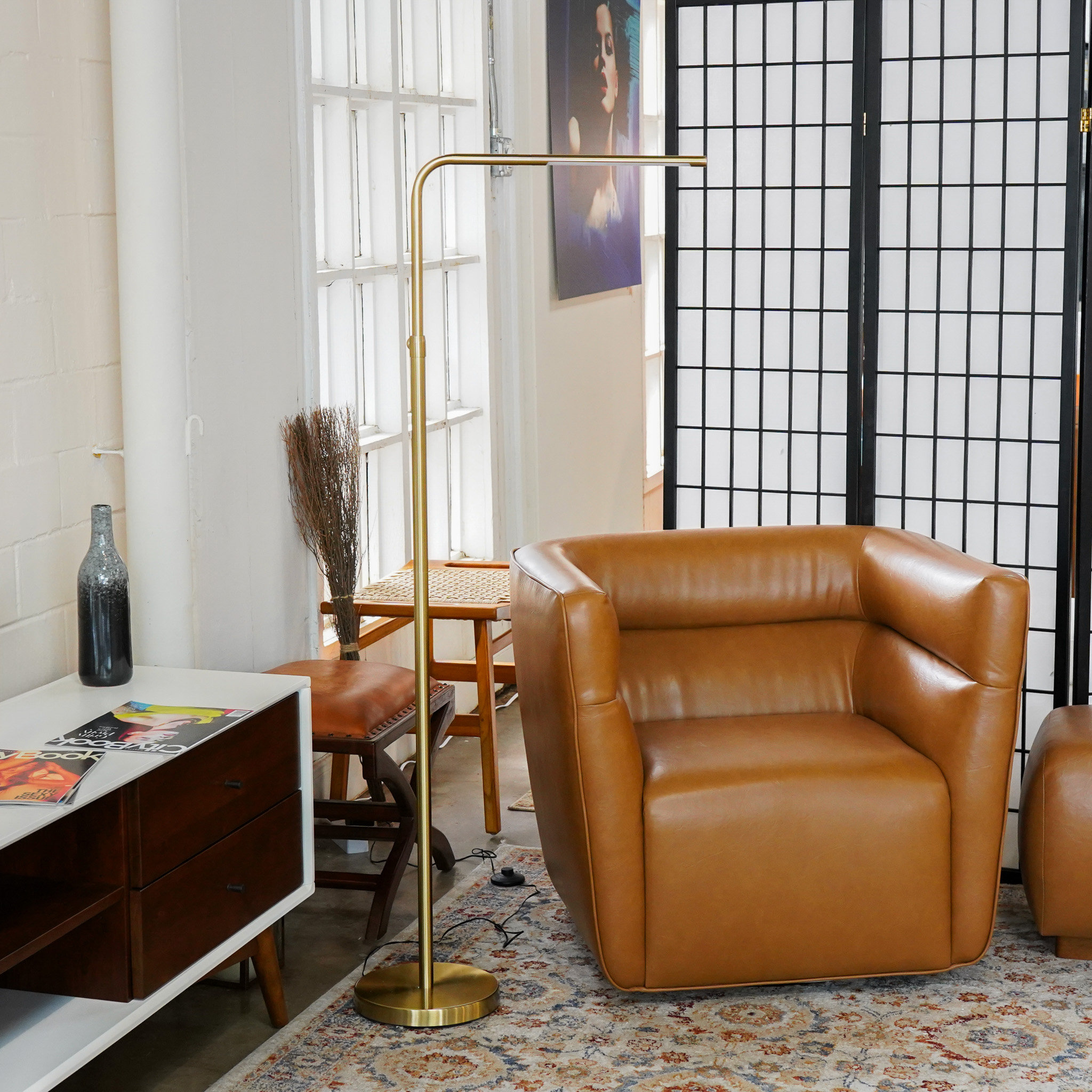 Mercer41 Aubine Brassed Gold Floor Lamp with On/Off Switch Adjustable ...