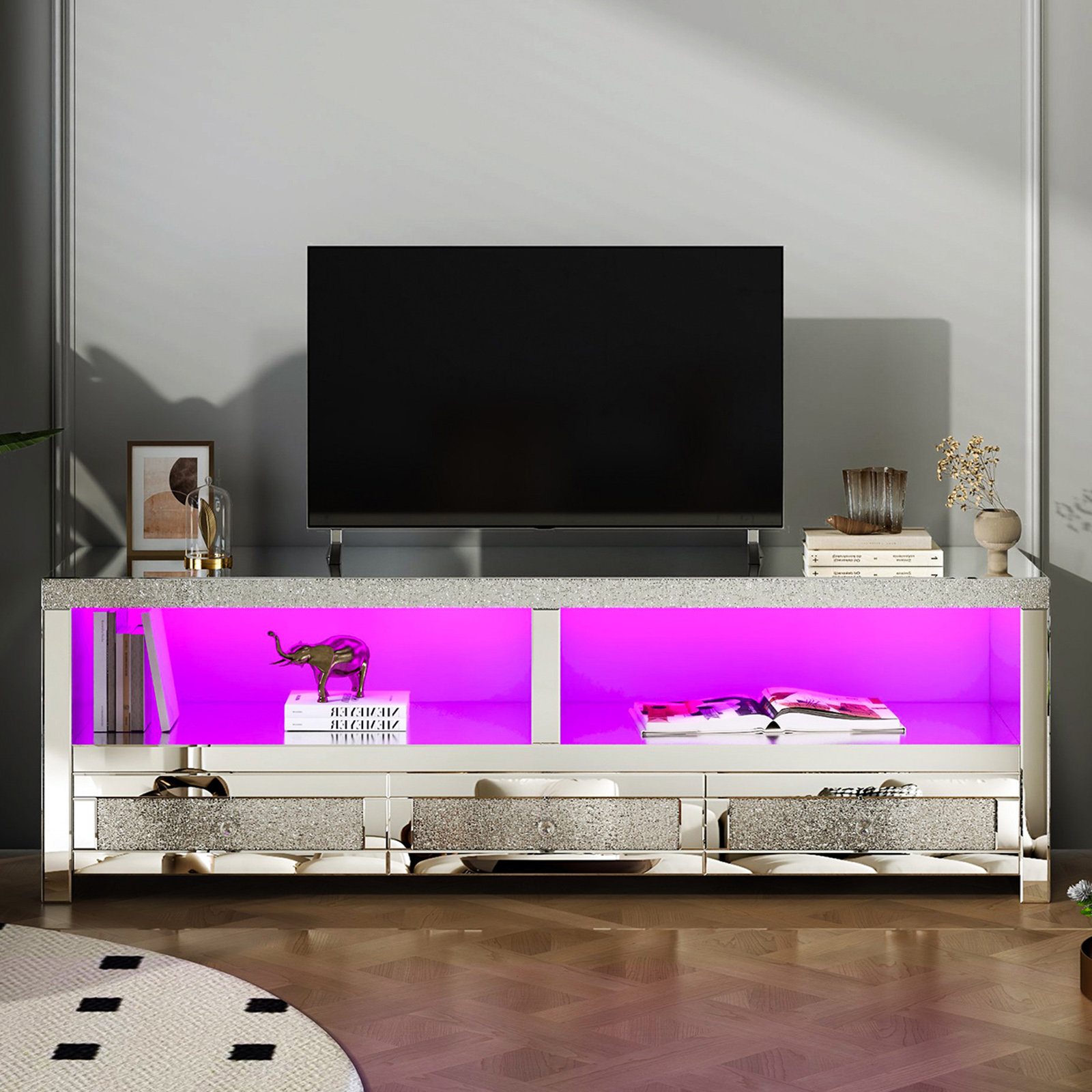 Mercer41 Silver Mirrored Tv Stand With Led Light For 65 Inch Tvs ...