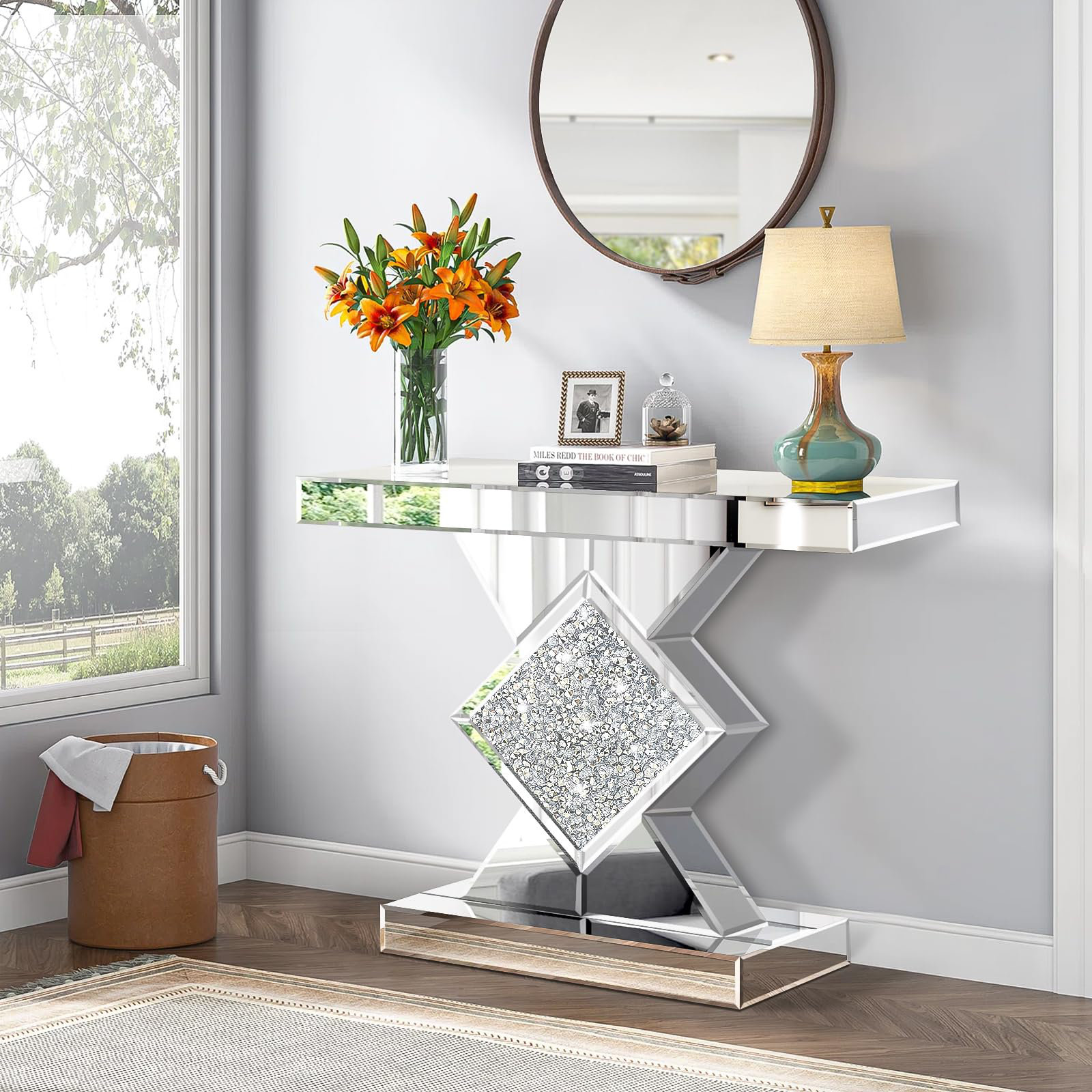 Mercer41 Silver Mirrored Console Table With Crushed Diamond Lnlay, 32 ...