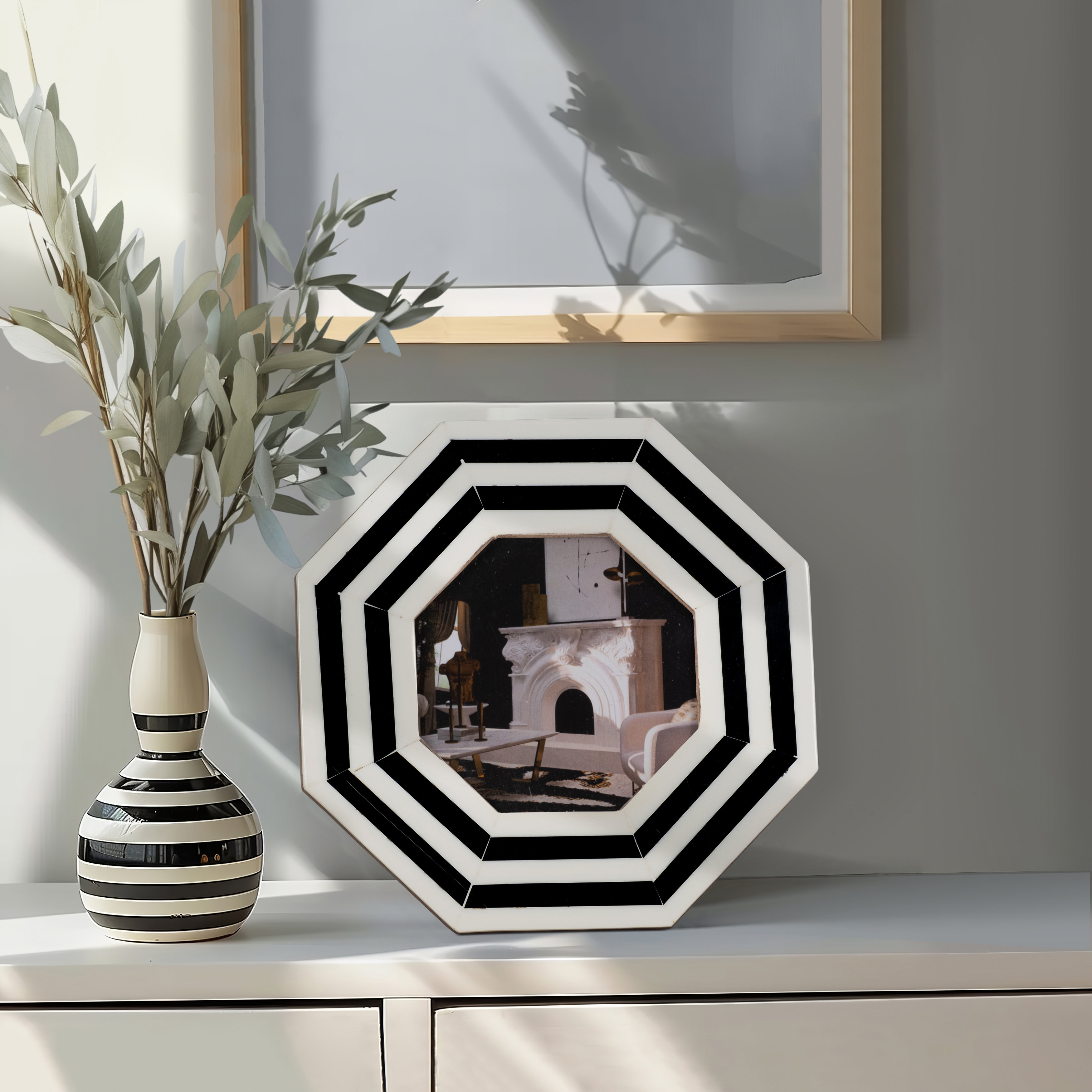 Ebern Designs 4X4 Lines Octagon Photo Frame, Black/White | Wayfair