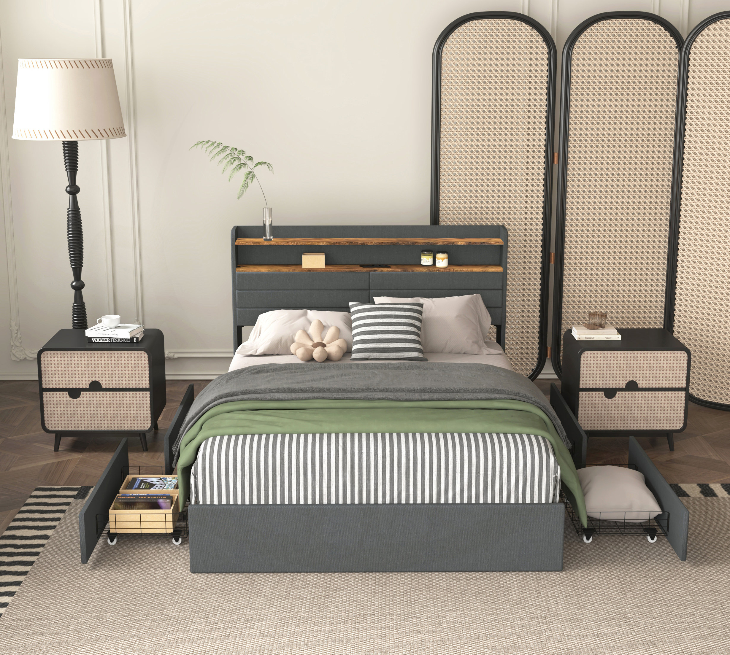 FOSHNATURE Versatile Queen Bed Frame with Multiple Functionalities for ...