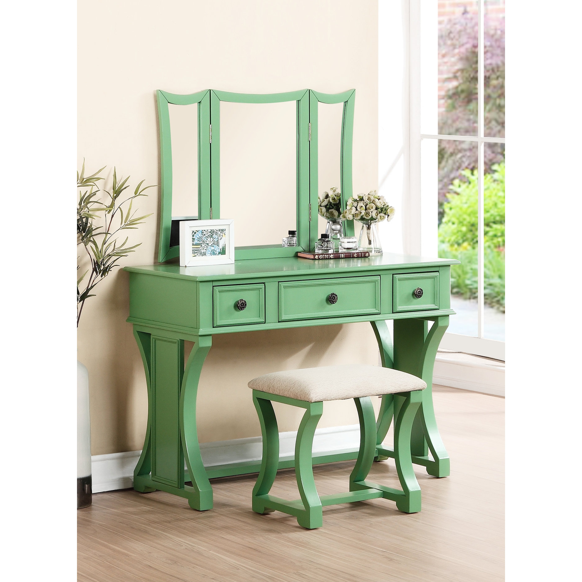 Kivaritio Bedroom Vanity With Stool, Foldable Mirror & Drawers, Cherry ...