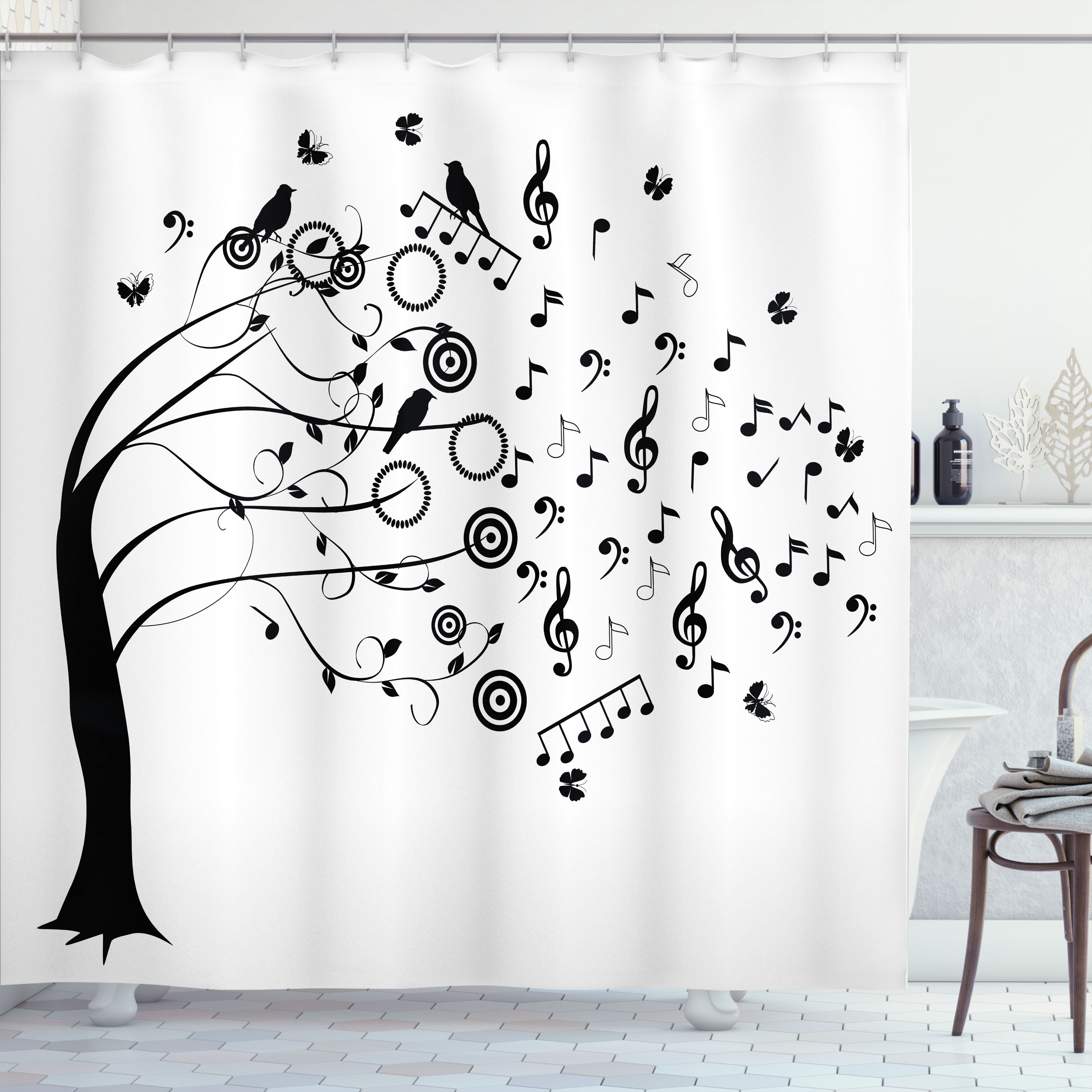 Ambesonne Music Note Shower Curtain Flowing Motifs Birds Charcoal Grey ...