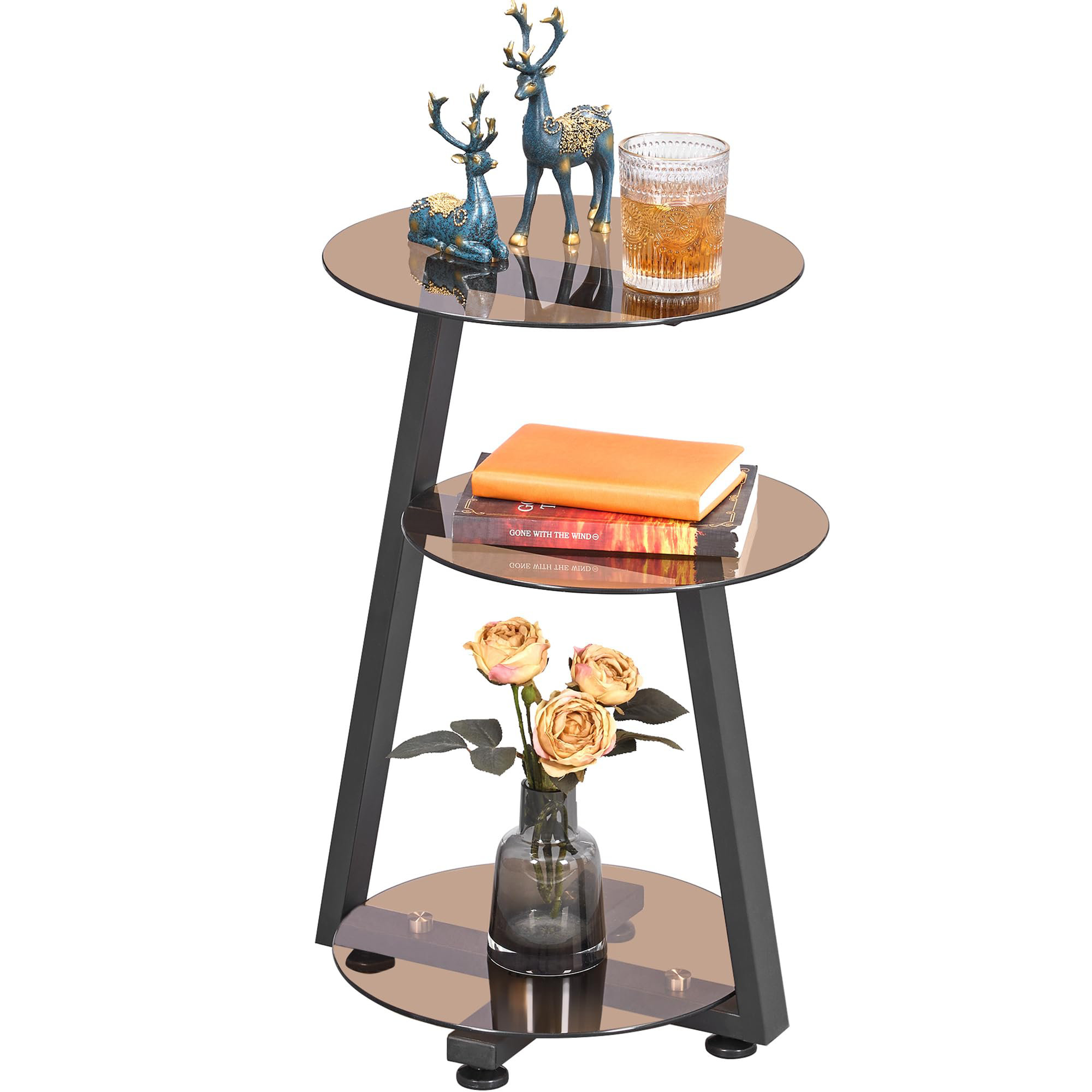 HENGANRUI Round End Table Tempered Glass Side Table With Metal Frame ...