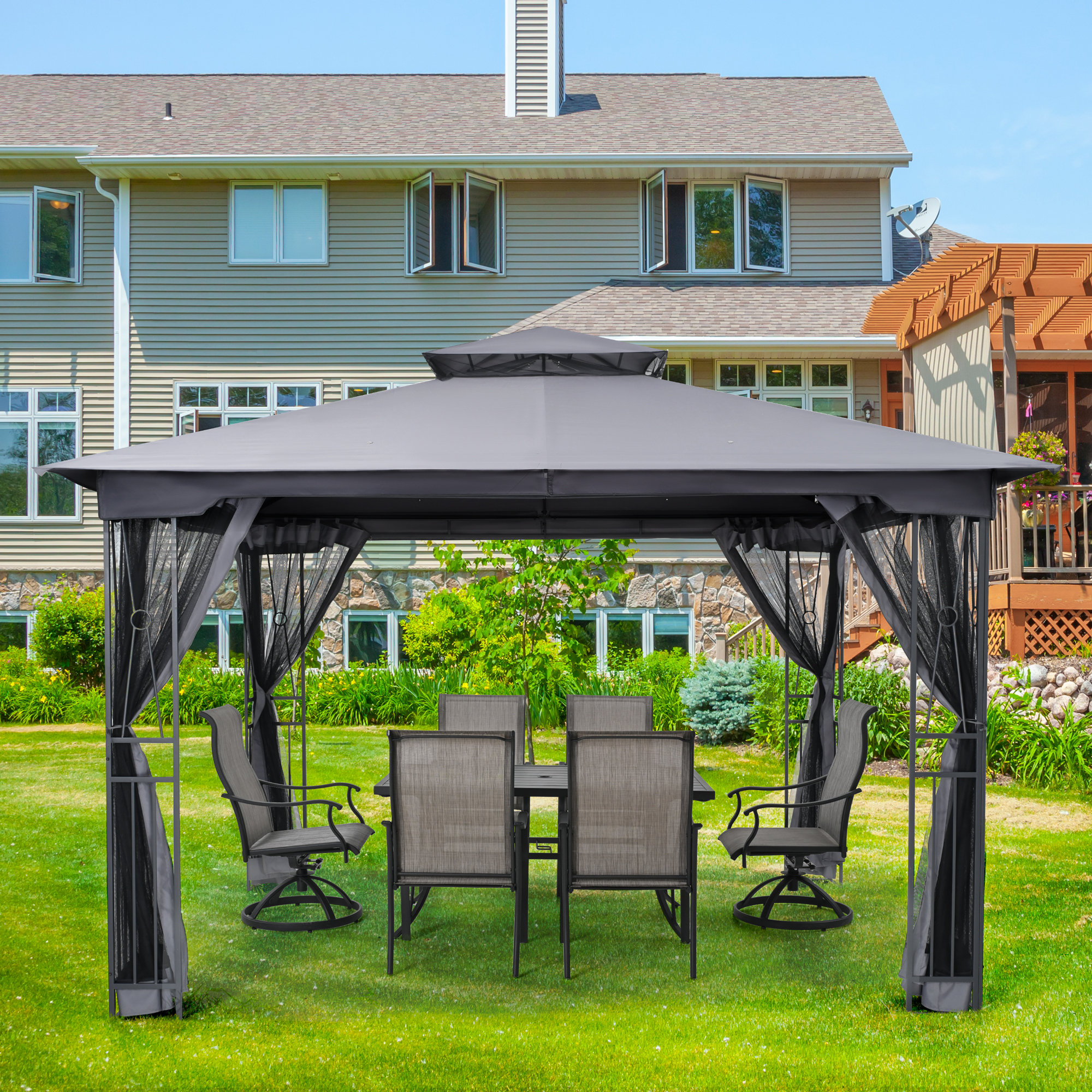 EGEIROS LIFE 12 Ft. W x 10 Ft. D Soft-top Double Roof Patio Gazebo with ...
