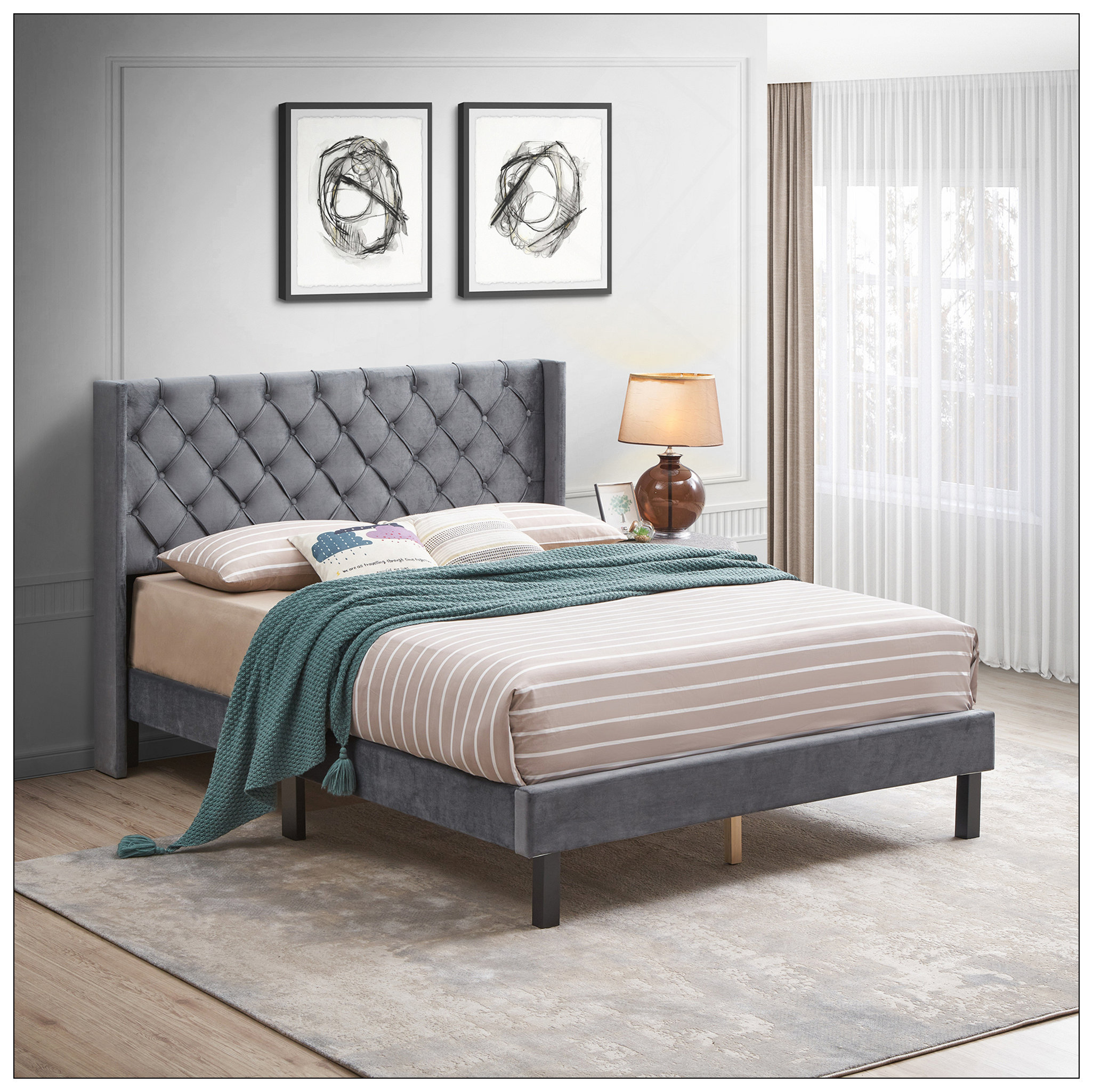 Mercer41 Velvet Button Tufted-Upholstered Bed With Wings Design - Strong Wood Slat Support ...
