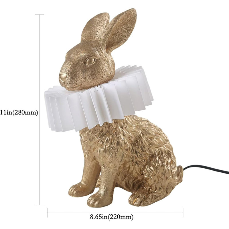 Trinx Gold Resin Rabbit Table Lamp With White Pleated PC Shade And USB ...