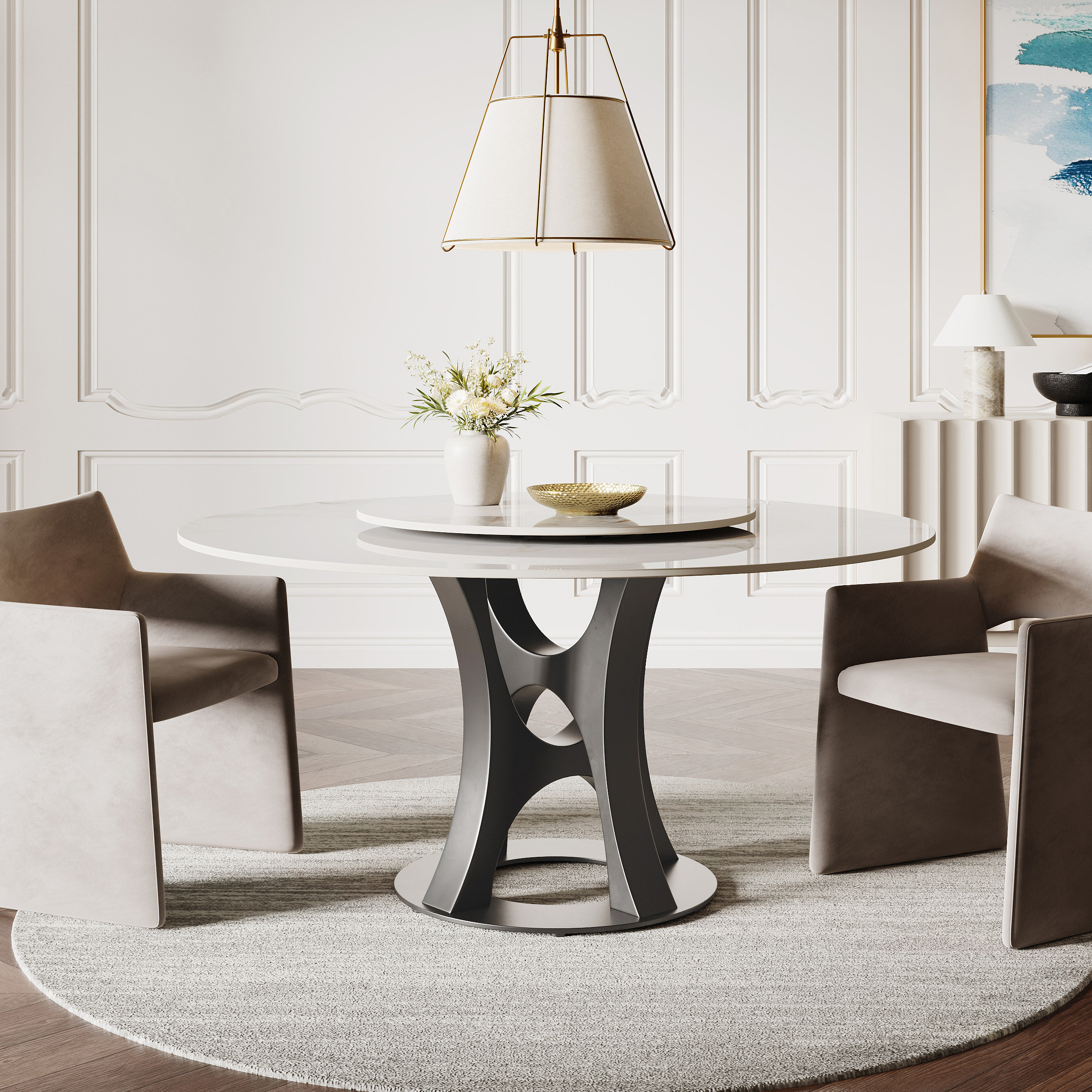 Brayden Studio Moiser 59" Round Sintered Stone Dining Table with Lazy ...