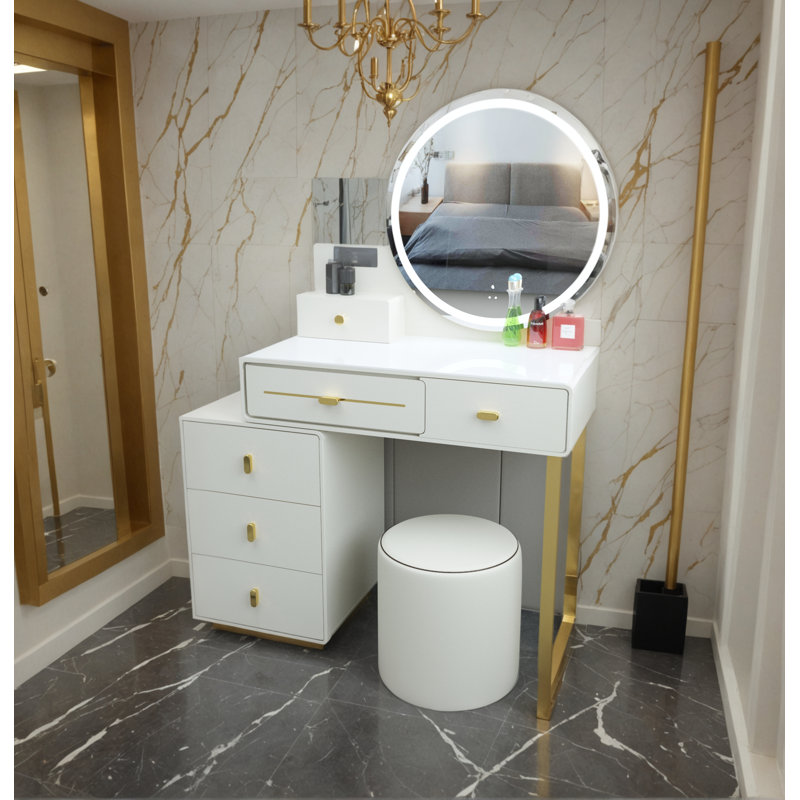 Everly Quinn Luxury Led Vanity Table With Storage & Gold Accents ...