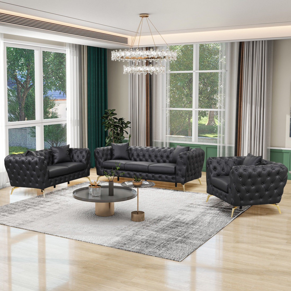 WANDINGT Modern Sofa 3-Piece Sofa Sets With Sturdy Metal Legs, Button ...