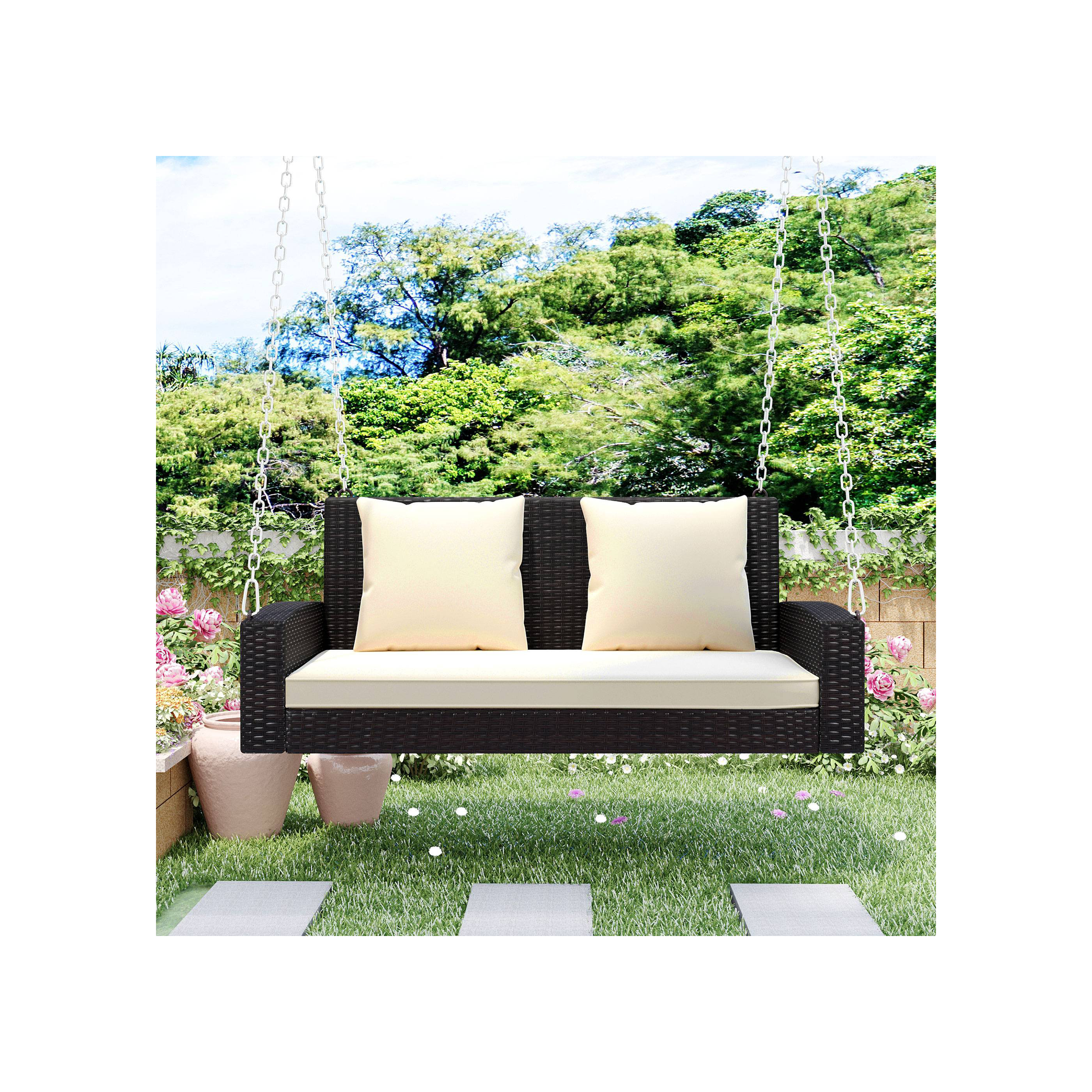 Winston Porter GO 2-Person Wicker Hanging Porch Swing with Chains, Cushion, Pillow, Rattan Swing ...