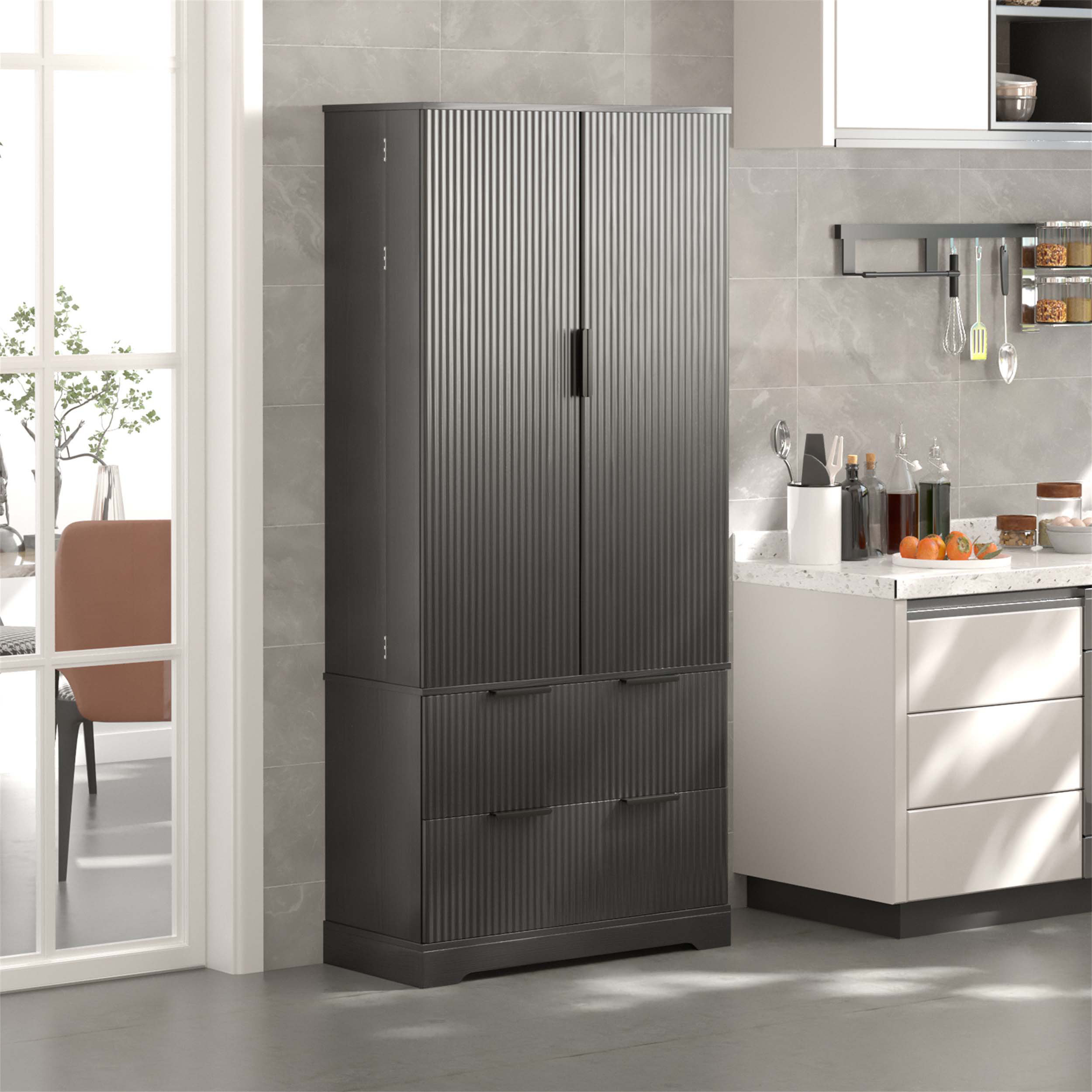 Latitude Run® Modern Fluted Kitchen Pantry Cabinet with 2 Large Drawers ...