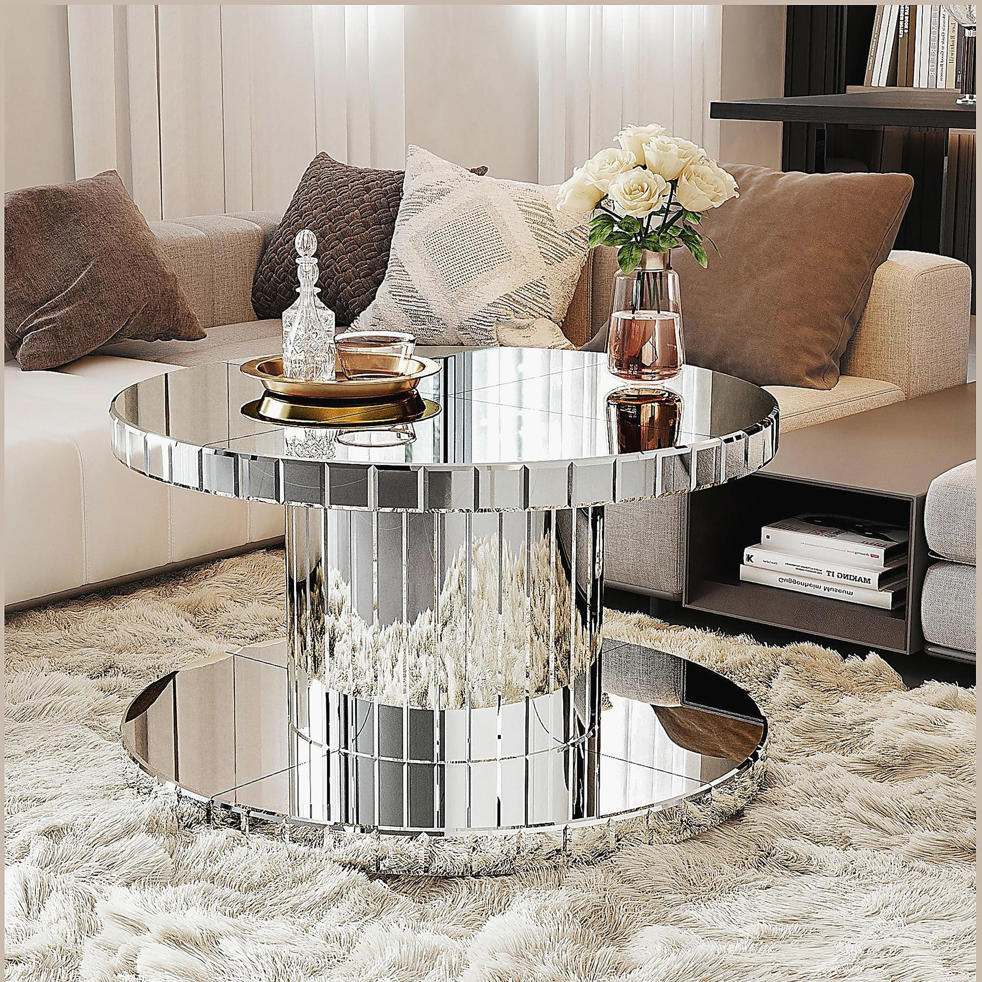 Mercer41 Double-Tier Round Mirror Coffee Table with Fluted Glass | Wayfair