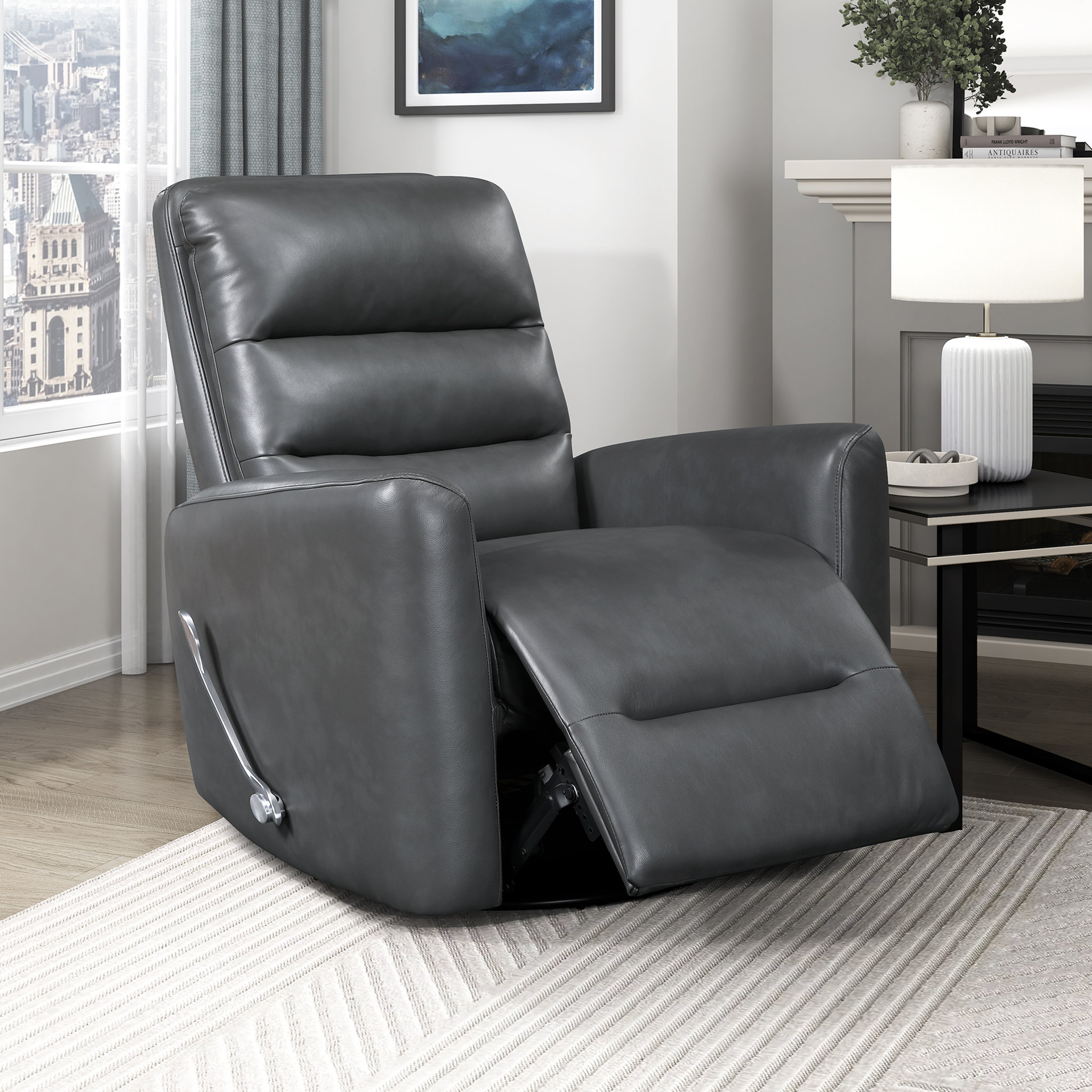 Ebern Designs Wilner 35" Modern Flared Arms Faux Leather Swivel Glider ...
