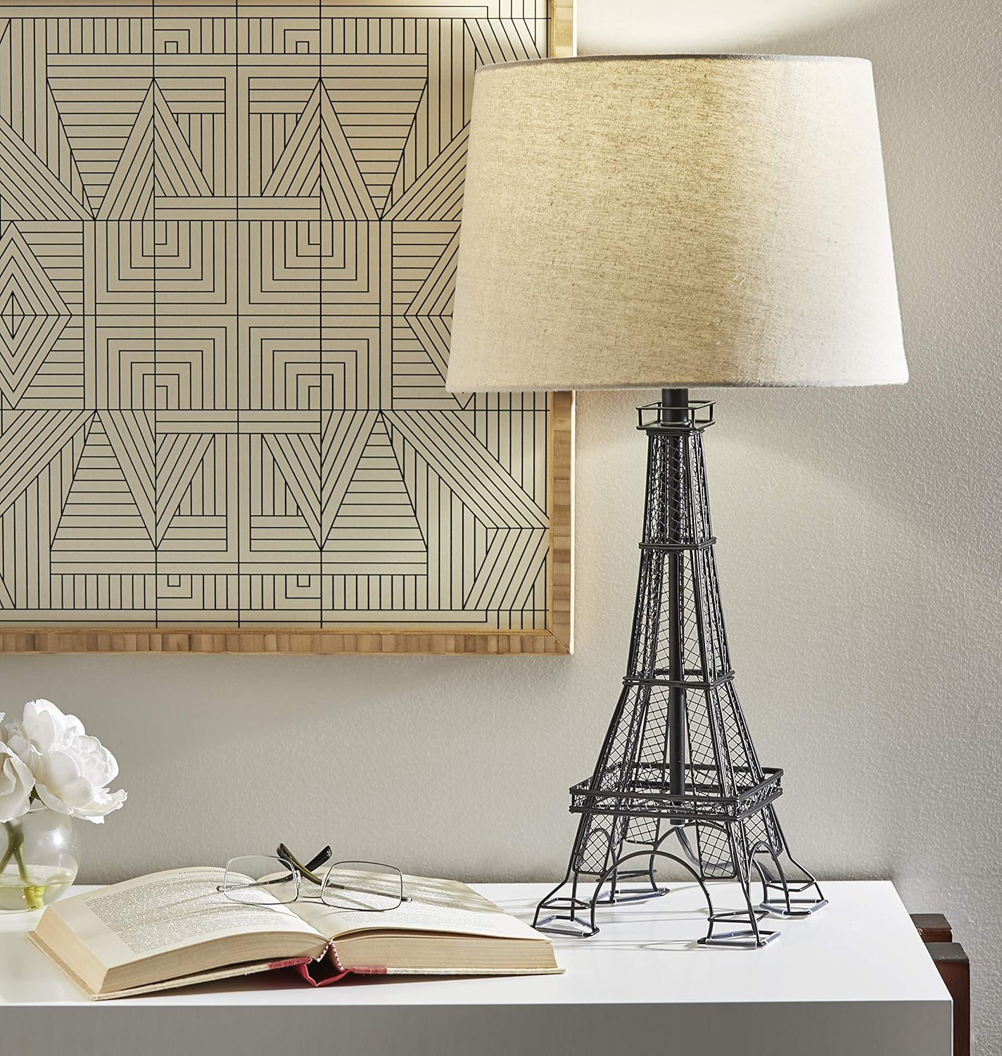 17 Stories Eiffel Tower Desk Lamp, White Fabric Lampshade, 3D Relief ...