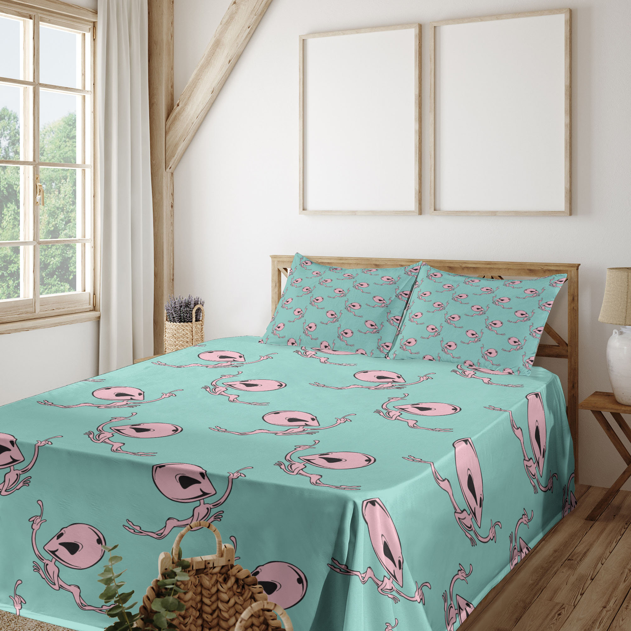 Ambesonne Alien Sheet Set Pastel Extraterrestrial Art Pale Pink and ...