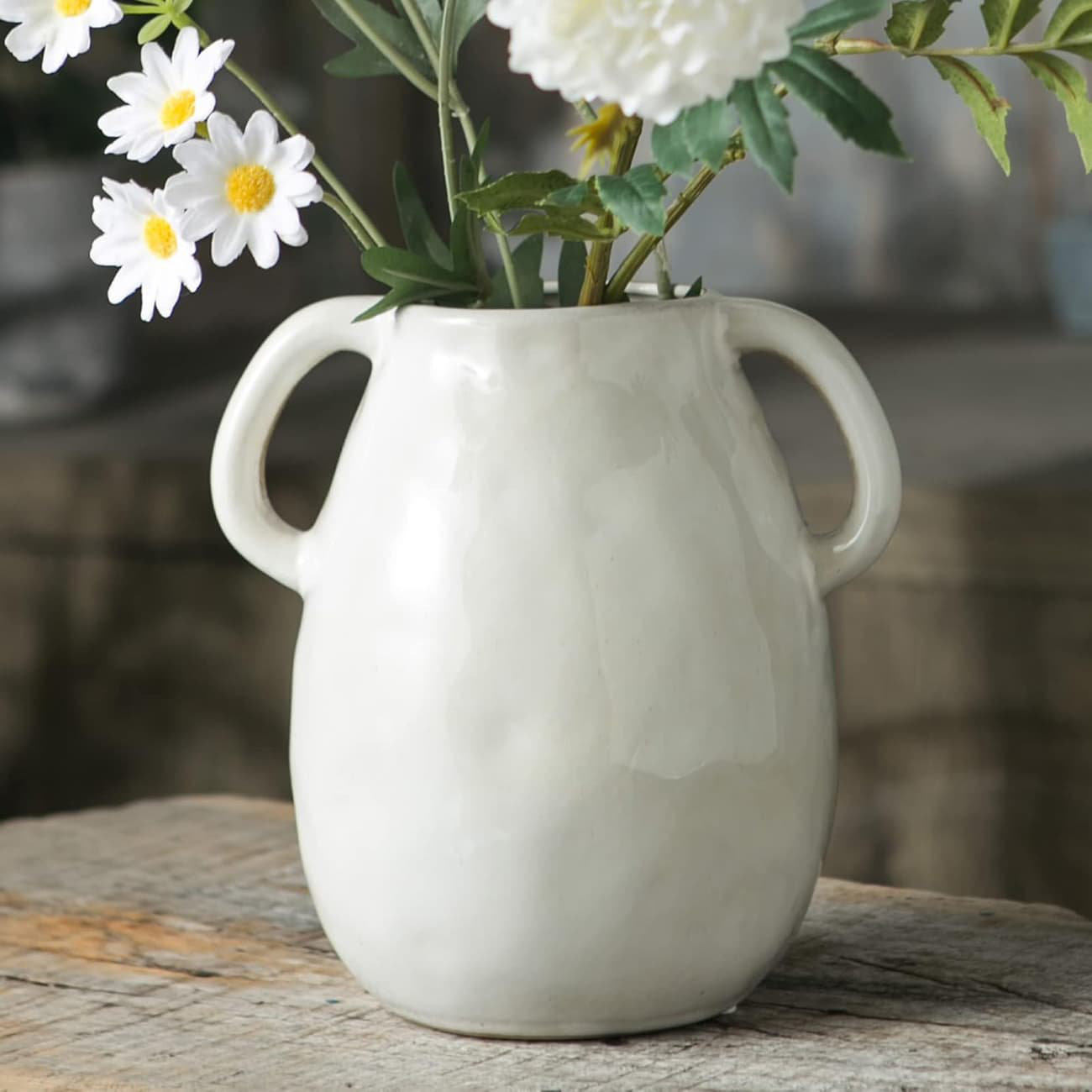 Ivy Bronx 7 - Inch Tall White Ceramic Vase with 2 Handles - Modern ...