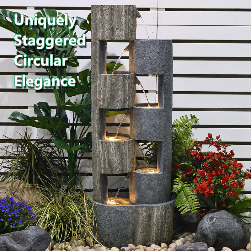 Latitude Run® 51" Outdoor Water Fountain Uneven Cylinders Waterfalls ...