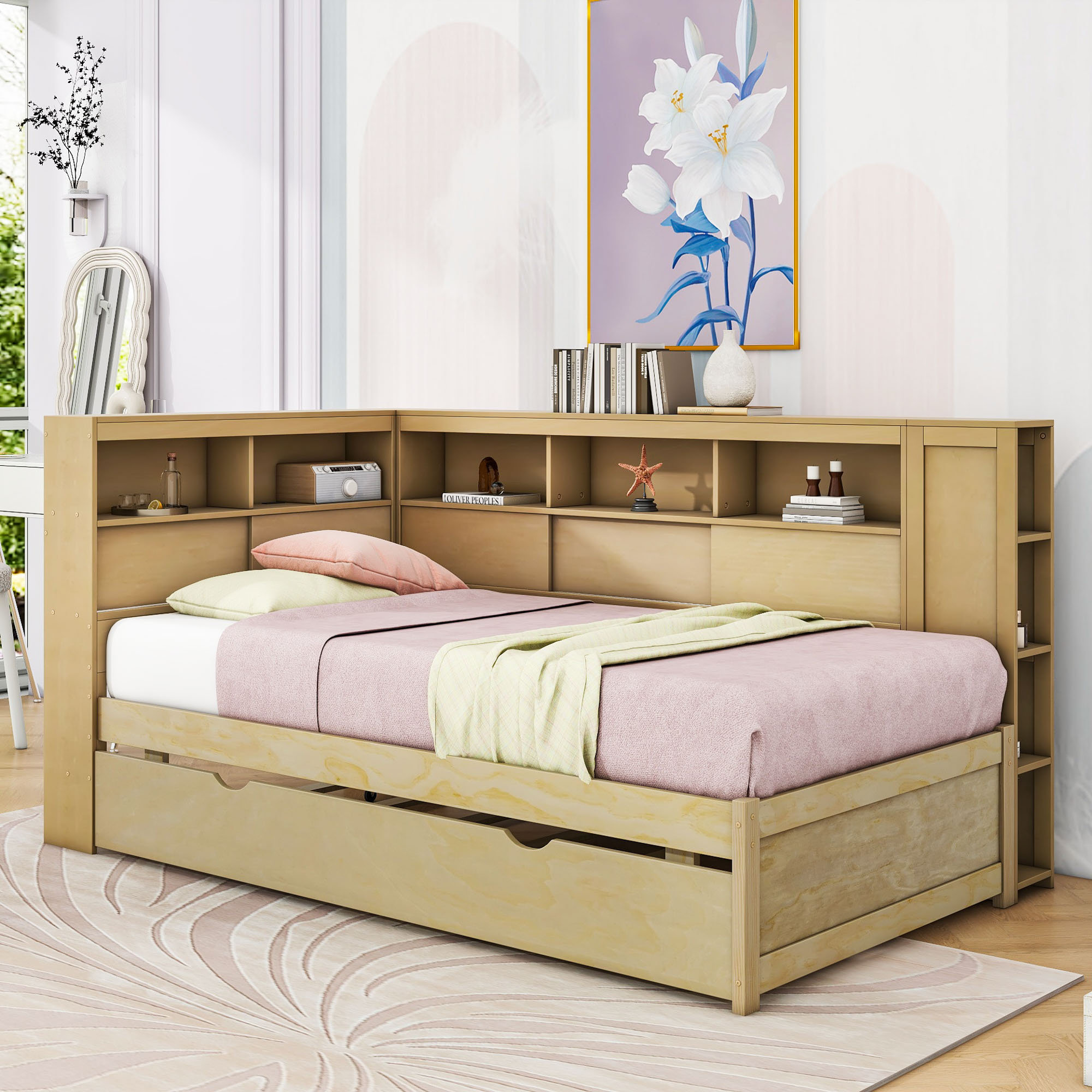 Latitude Run® Twin Wood Daybed with Storage Shelves, USB and Trundle ...