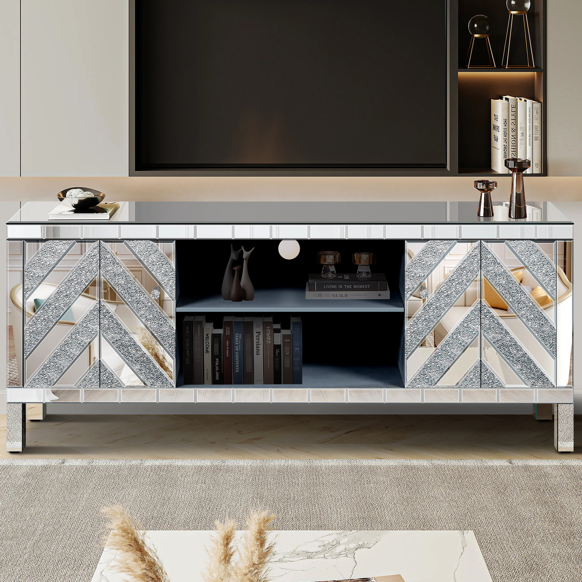RoseateRustic Sliver Mirrored Tv Stand, 65-Inch+ Compatible With 2 ...